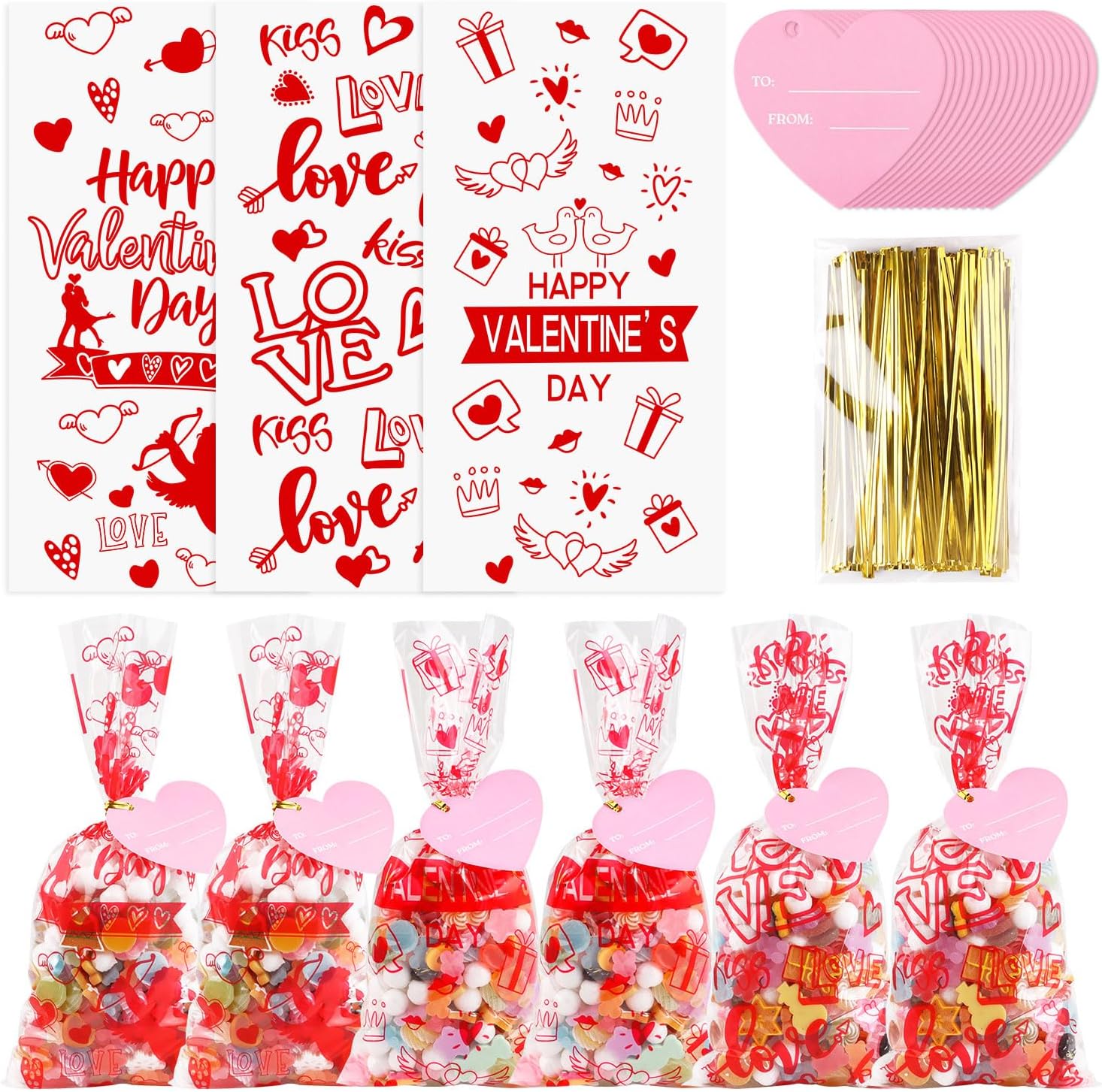 Amazon.com: STEFORD 150Pcs Valentine Cellophane Bags, Valentine Day ...