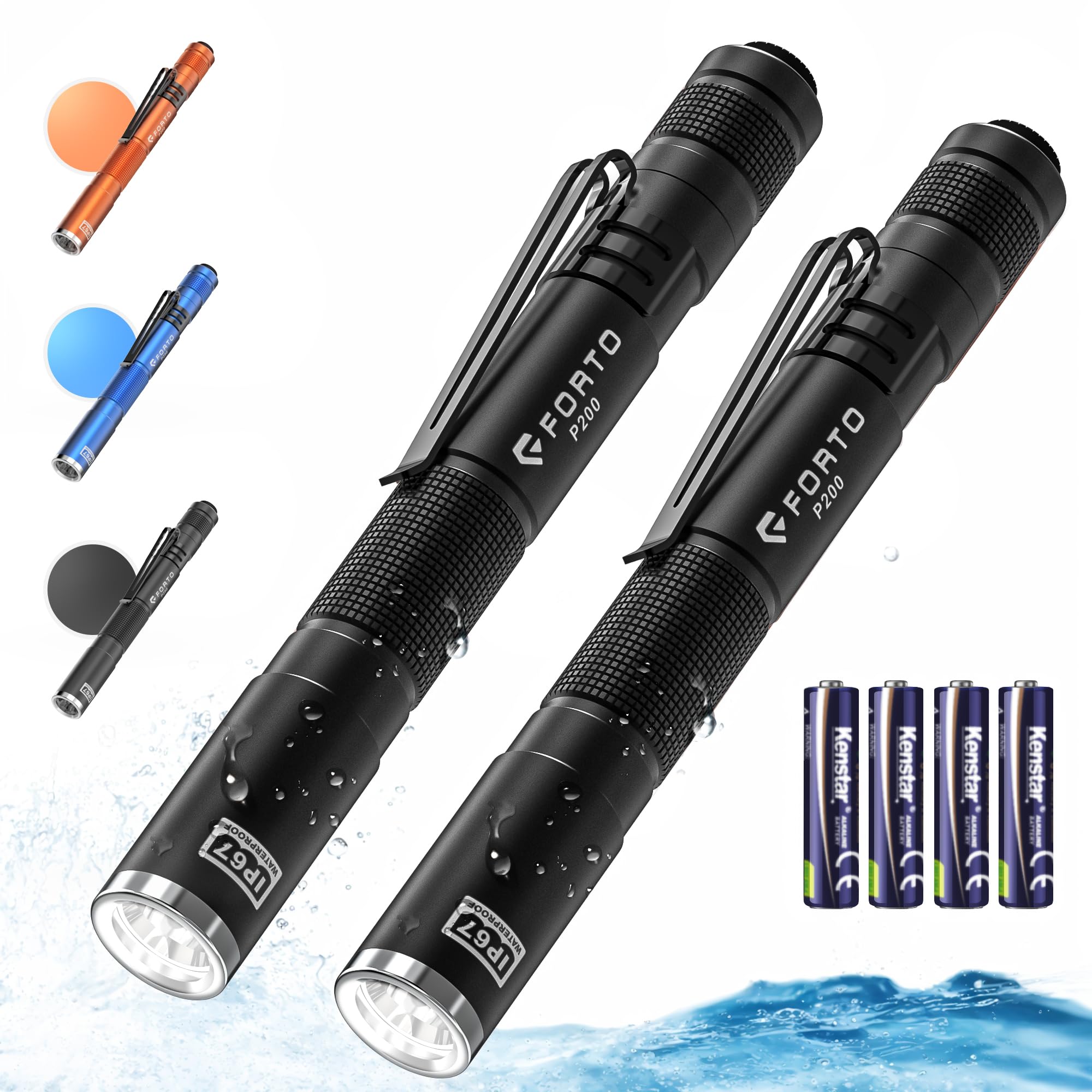 FORTO LED Pen Light, 200 Lumens Pocket Flashlight, IP67 Waterproof, 2 ...