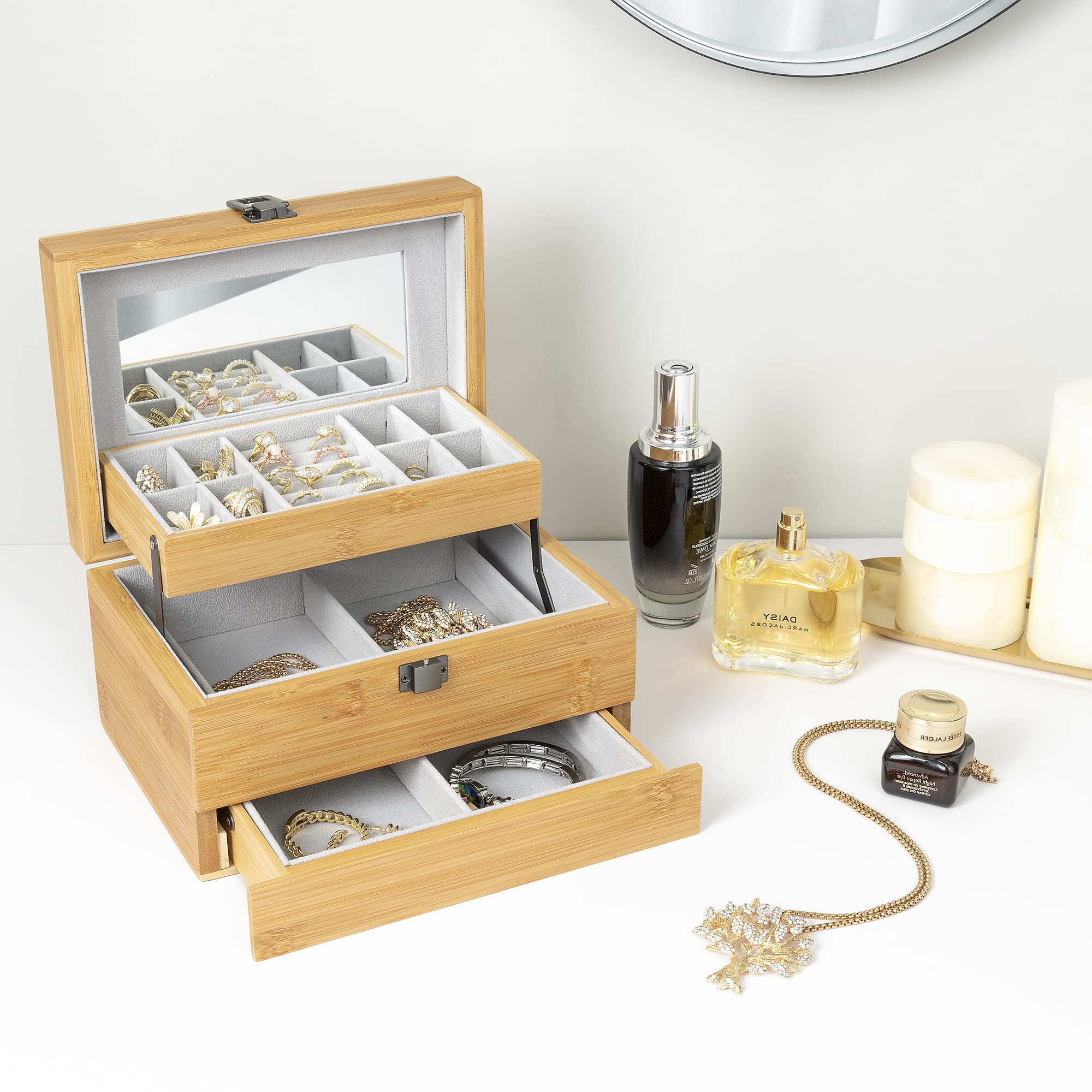 YOAYO Natural Bamboo Jewelry Box with Mirror 3 Layers Jewelry Organizer ...