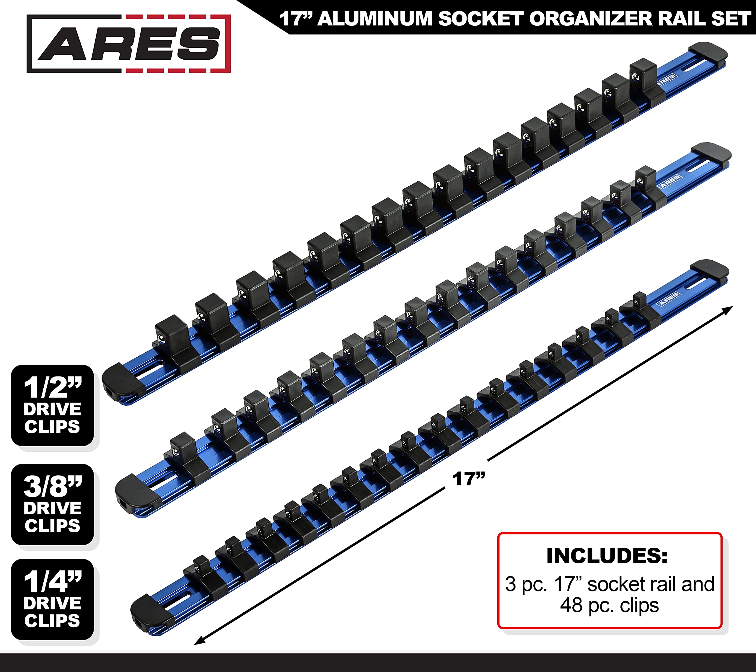 Snapklik.com : ARES 60125-3-Piece Blue 17-Inch Aluminum Socket Rail Set