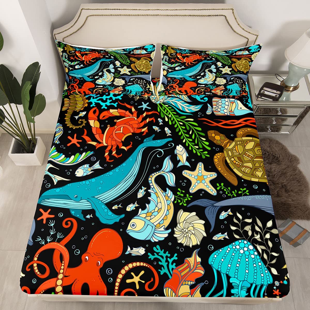 Amazon.com: Marine Life Fitted Sheet Twin,Whale Octopus Crab Tortoise ...