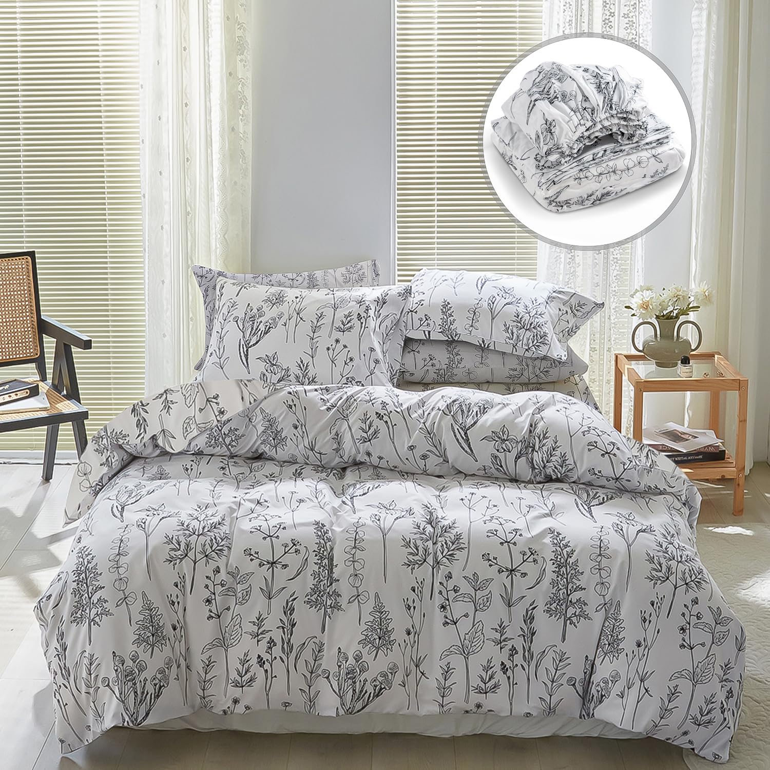 MetersGod Comforter Set 7 Pieces,Soft Microfiber Inner Fill Botanical ...