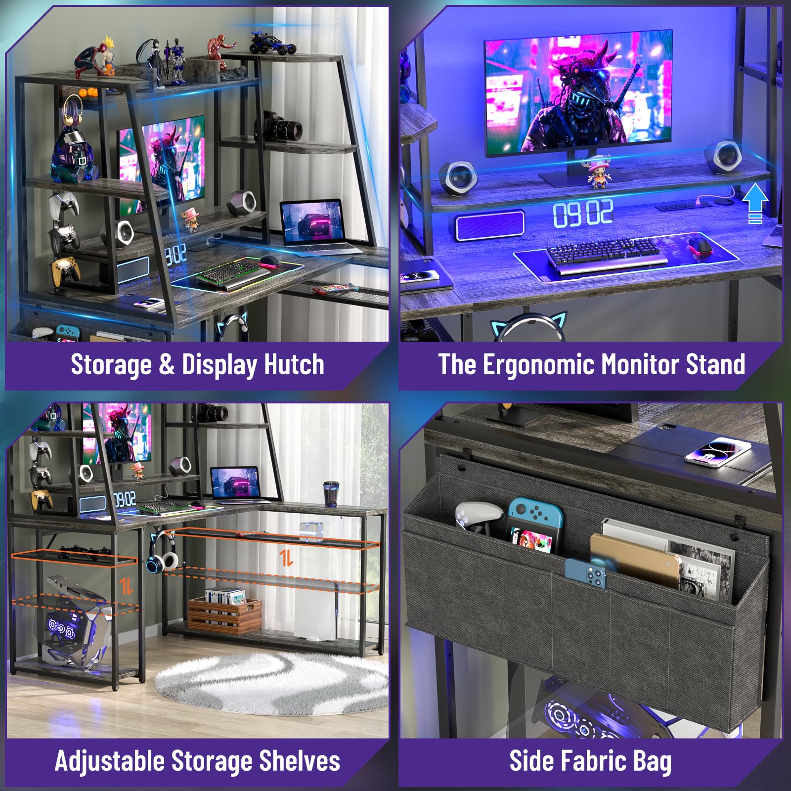 Armocity L Shaped Gaming Desk with Hutch & Shelves, 47'' Gaming ...