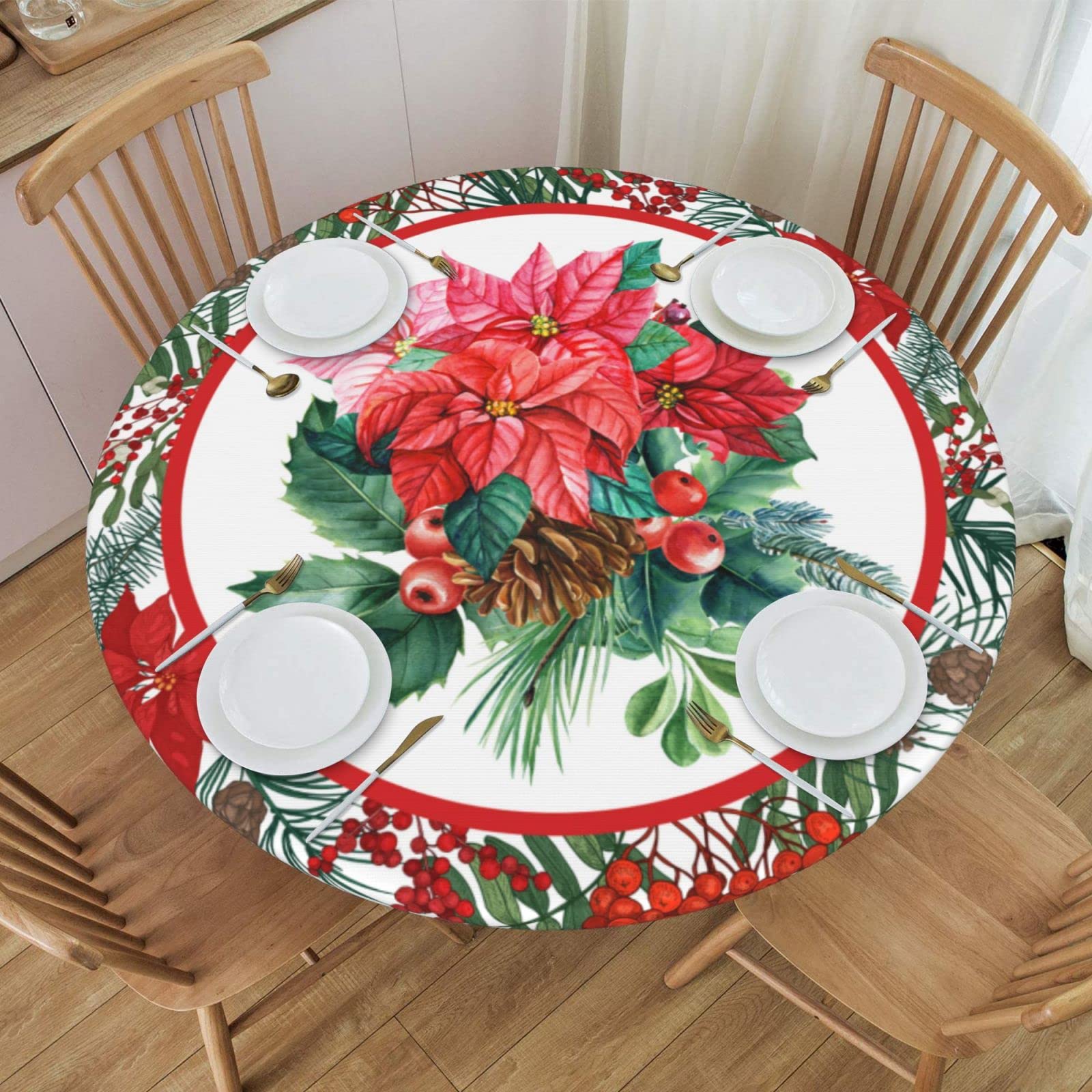Amazon.com: Yilad Christmas Holly Tablecloths Round Tablecloth Fitted ...
