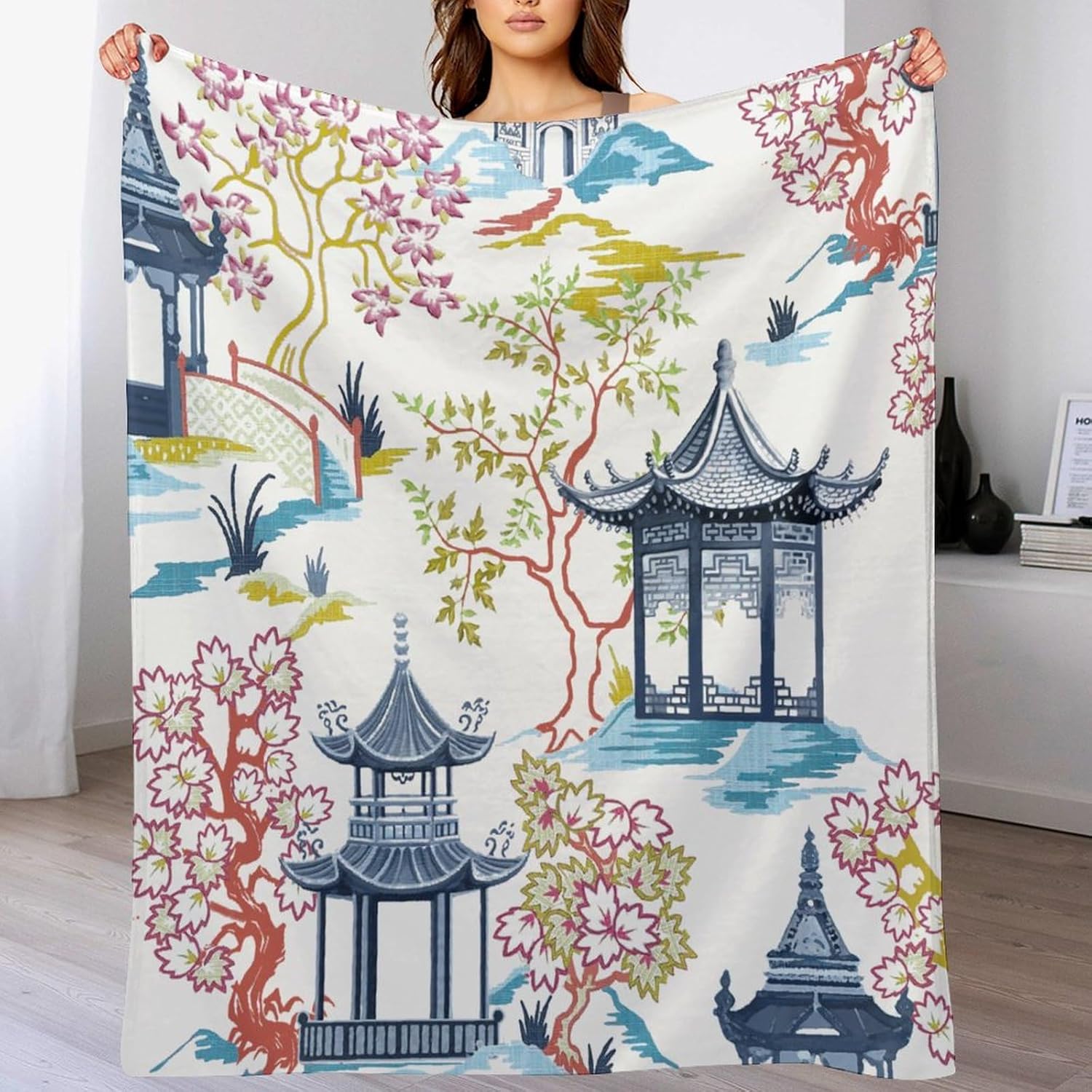 Amazon.com: PrintingCo Chinoiserie Throw Blanket Chinoiserie Pagoda ...