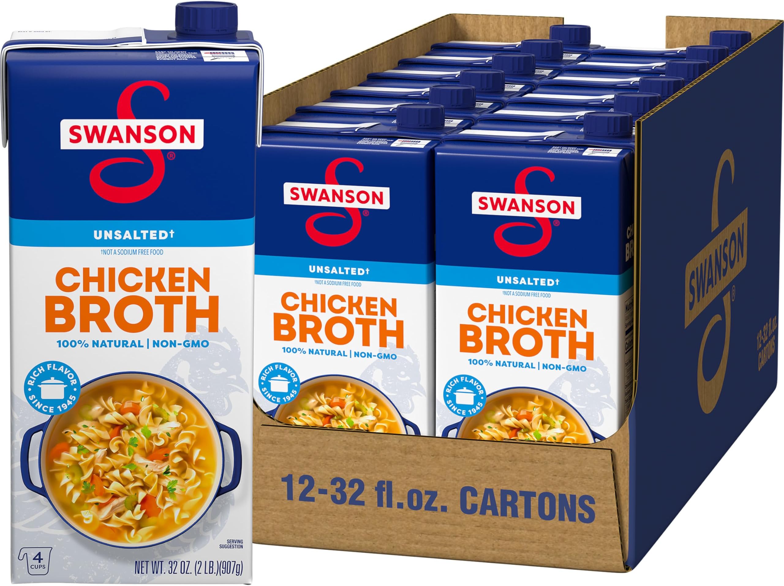 Amazon.com : Swanson 100% Natural Unsalted Chicken Broth, 32 Oz Carton ...