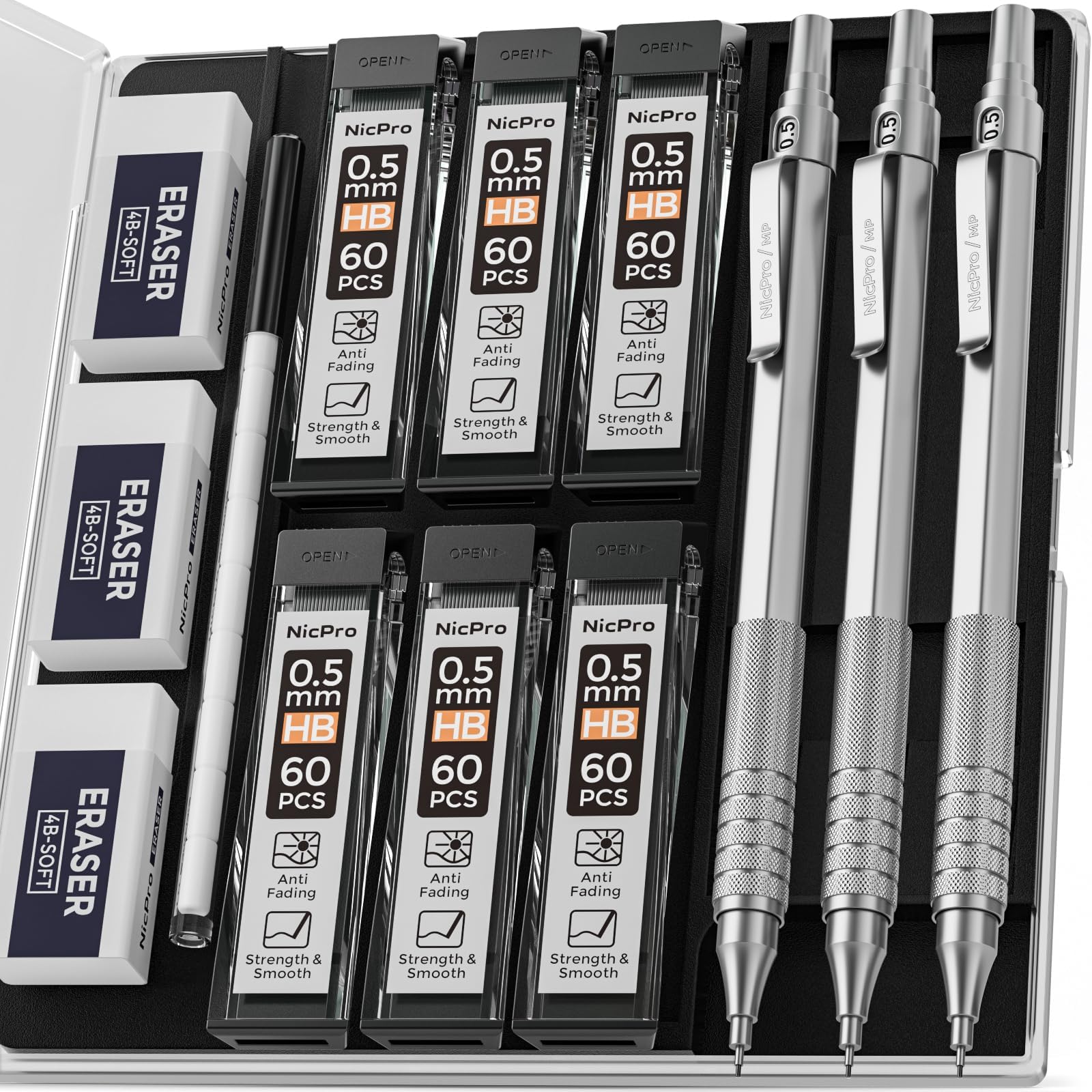 Nicpro 0.5 mm Mechanical Pencils Set with Case, 3 Metal Automatic ...