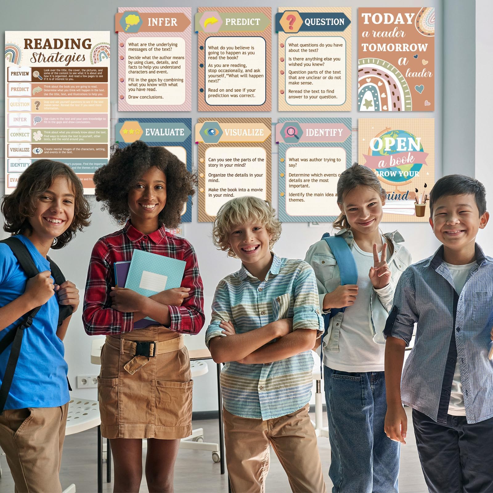 Snapklik.com : Boho Rainbow Reading Posters, 15pcs Classroom Decor ...