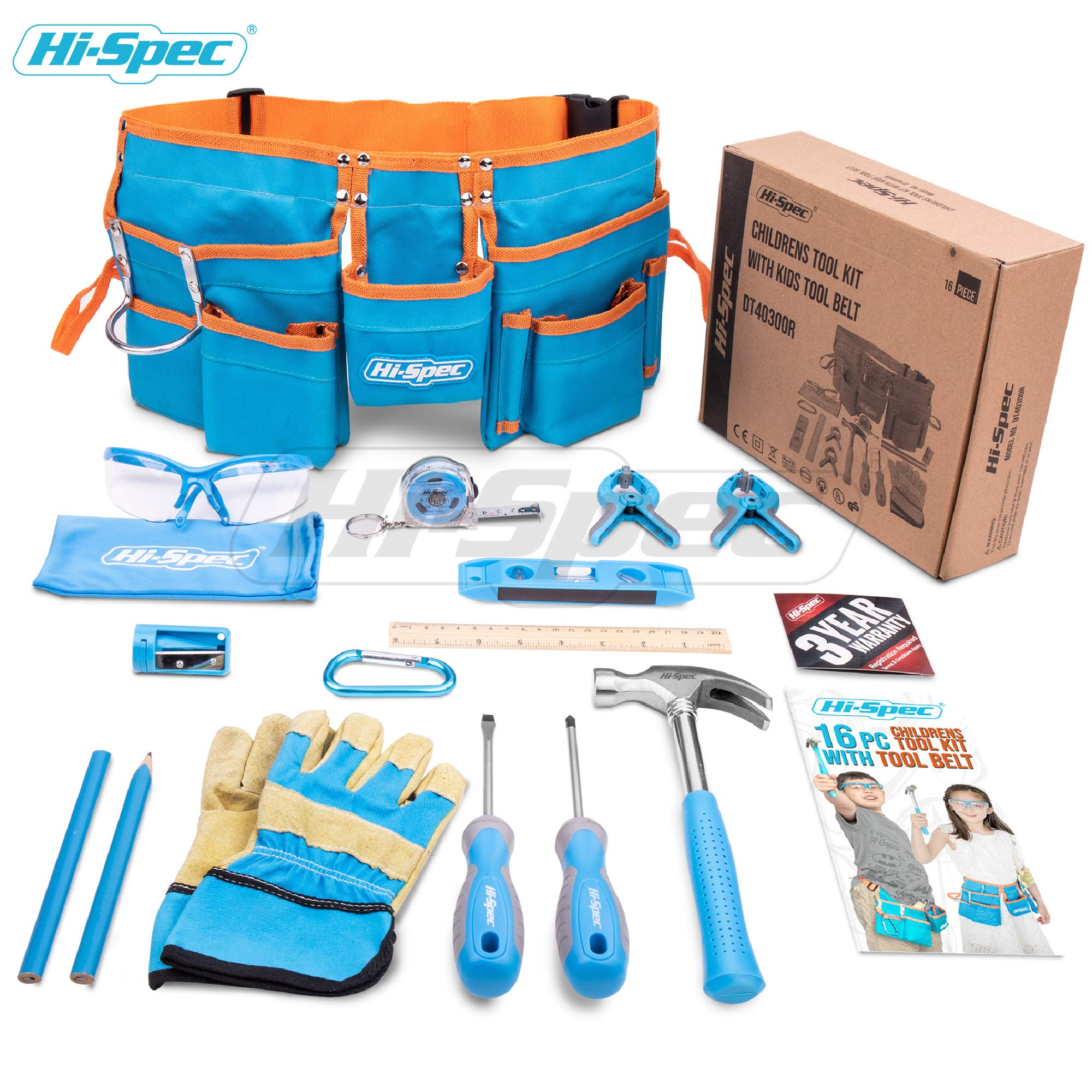 Hi-Spec 16 Piece Blue Kids Tool Kit Set & Child Size Tool Belt with ...