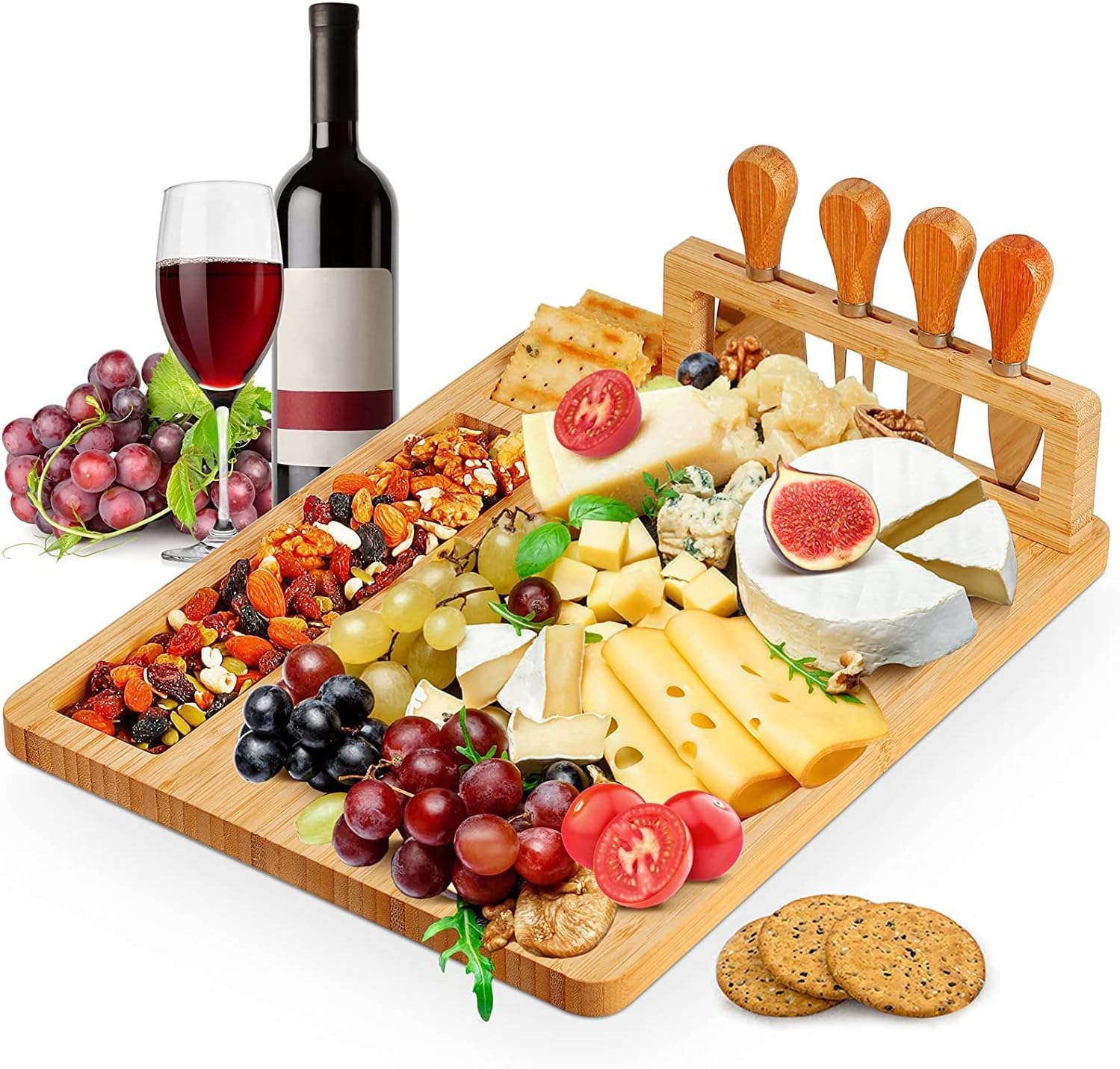 Bamboo Cheese Board Set with Cutlery Wooden Charcuterie Tray Platter ...