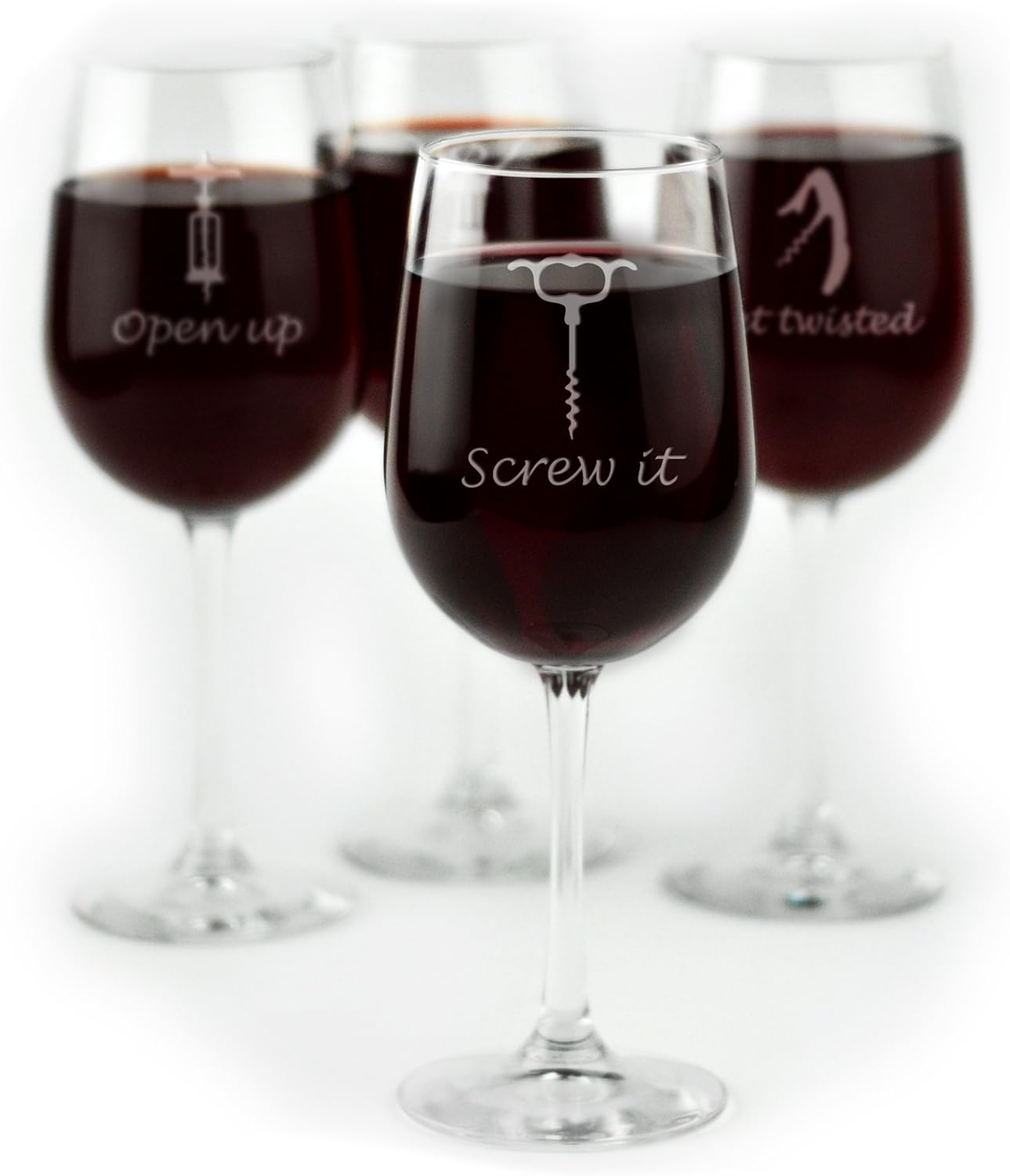 Amazon.com | Engraved Corkscrew Themed Wine Glasses - Set of 4: Wine ...