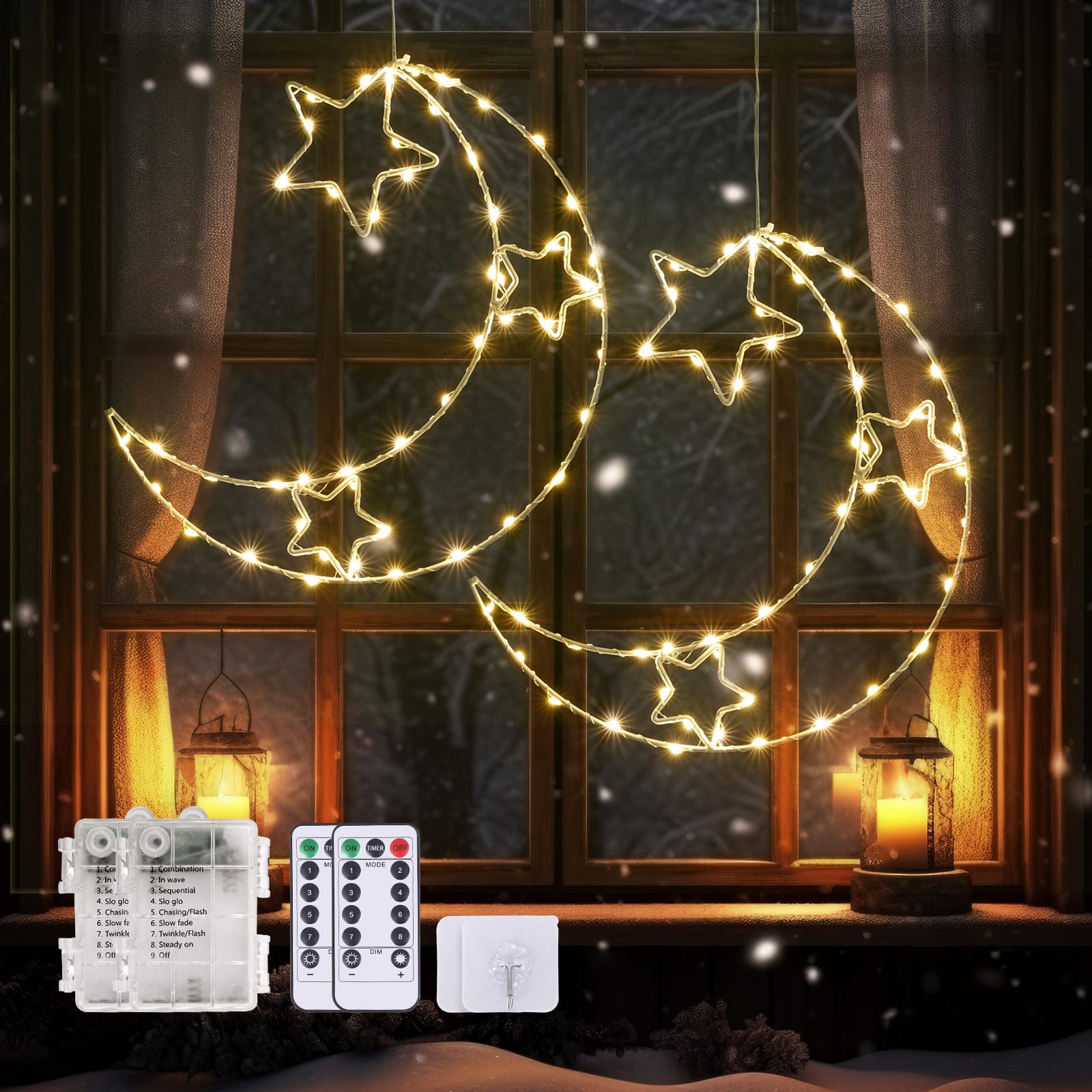 100 LED Christmas Window Lights, 8 Modes Stars Moon Christmas Lights, 2 ...