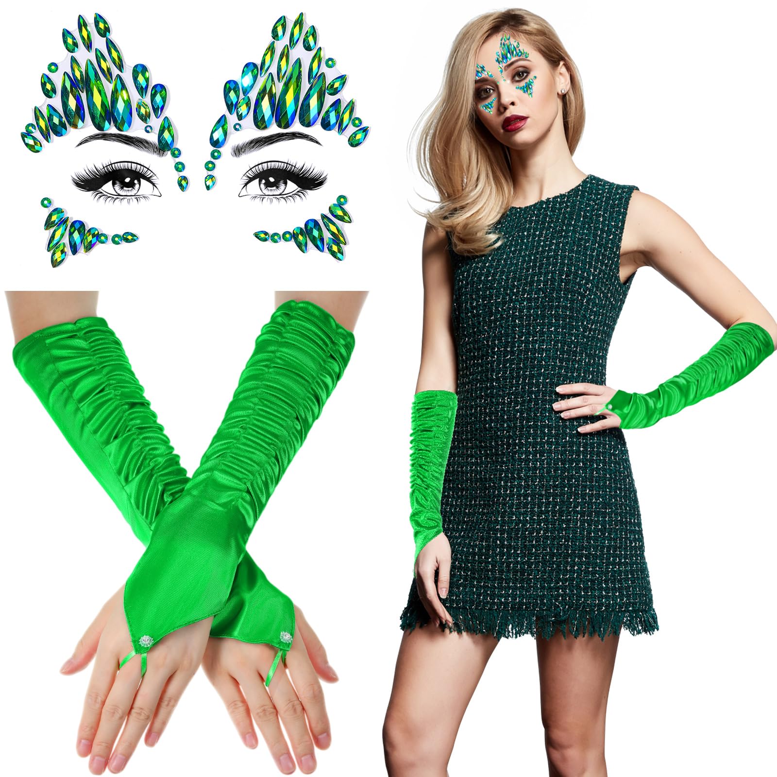 Jeyiour 2 Pcs Green Halloween Costume Accessories Set Face Gems Jewels ...