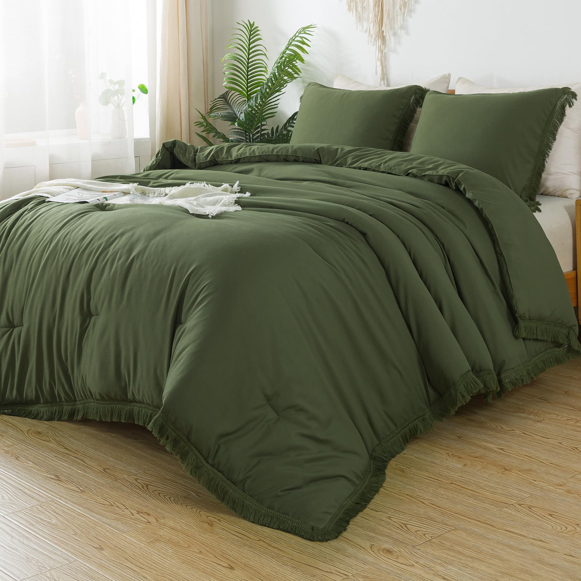 Amazon.com: Andency Olive Green Comforter Set Queen, 3 Pieces Boho ...