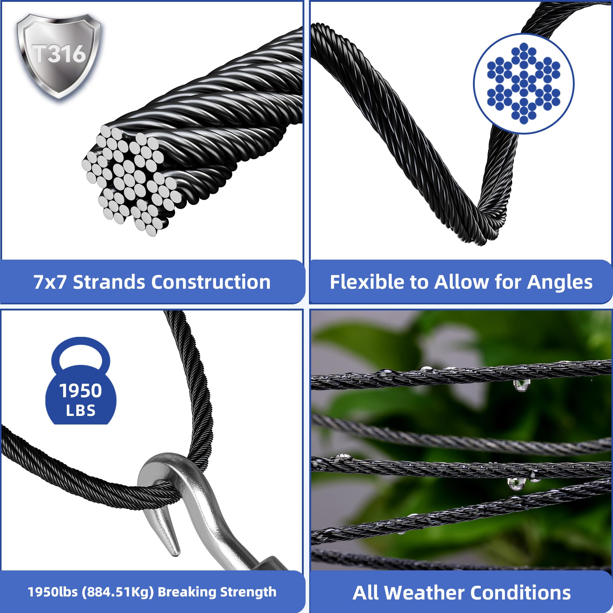 Snapklik.com : Fulifix 210FT 1/8" Black Stainless Steel Cable For ...