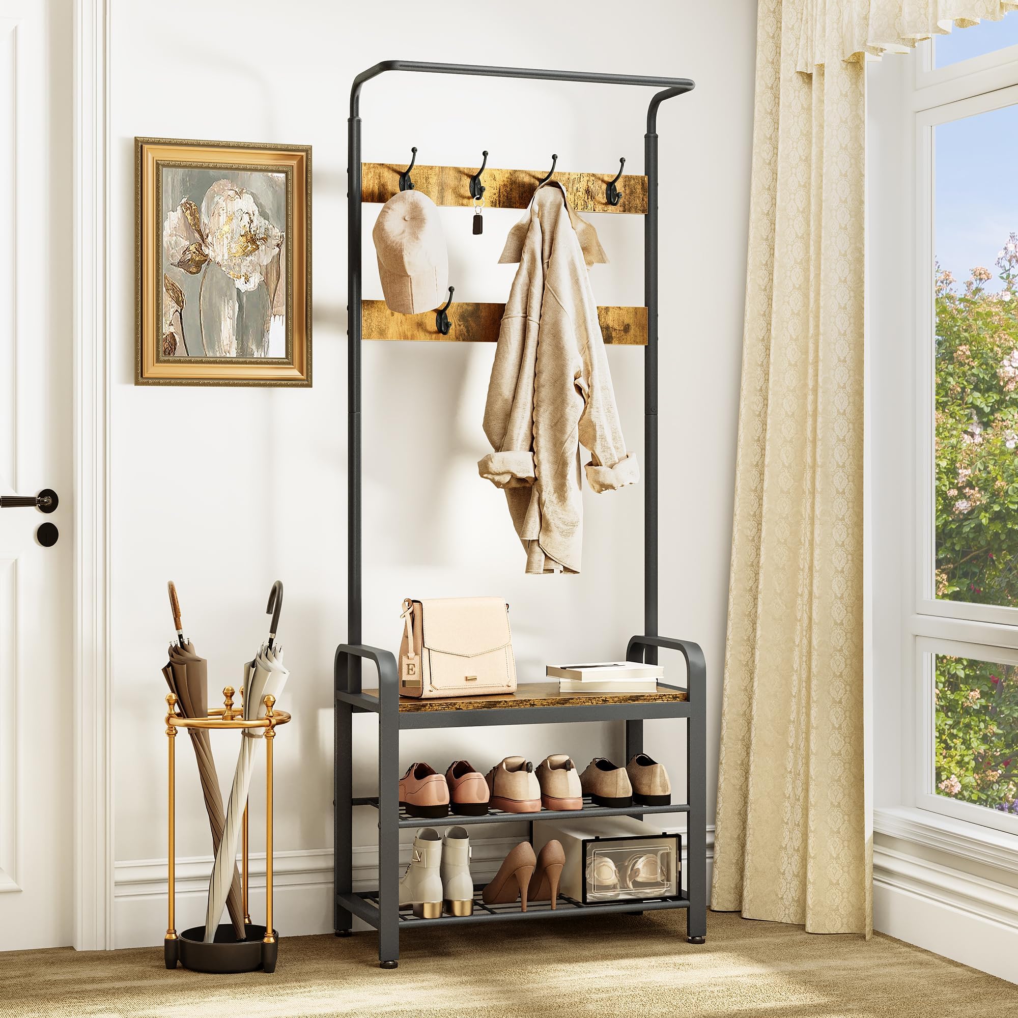 YITAHOME Coat Rack Stand with Shoe Storage, Industrial Hall Tree with 7 ...