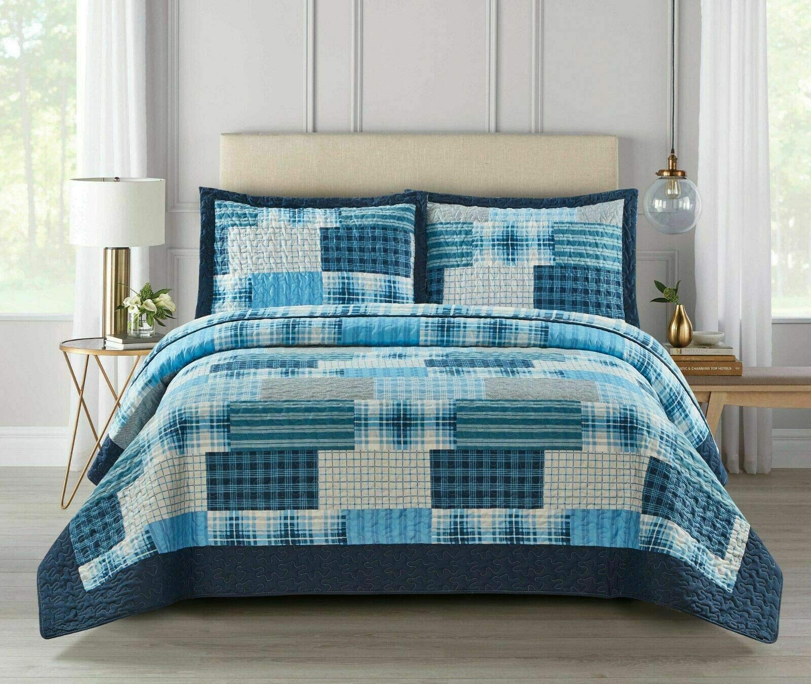 BQC 3 Piece Printed Quilted Patchwork Embroidered Bedspread Bedding Set ...