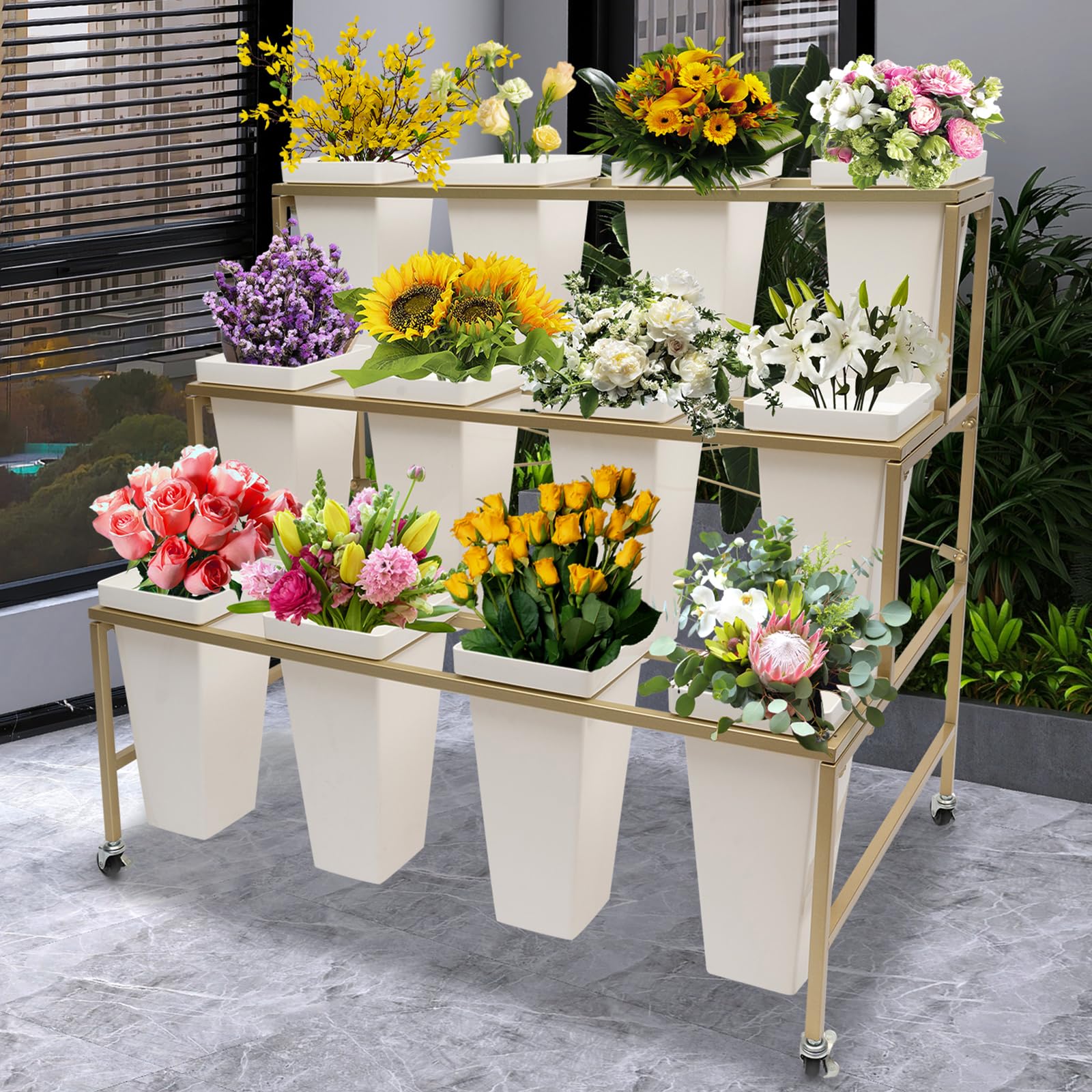 Amazon.com: Flower Display Stand with 12PCS Buckets 3 Layers Plant Cart ...