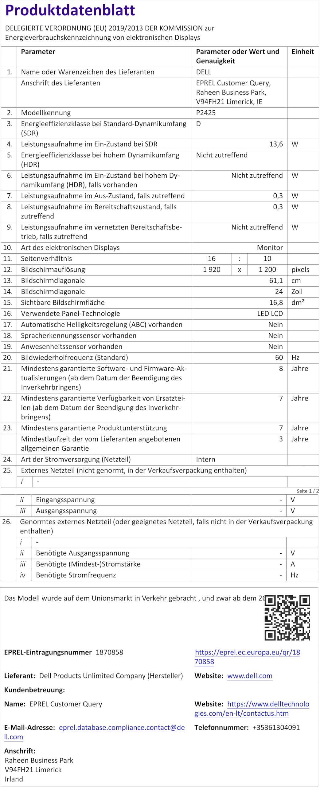 Dell P2425 24 Zoll WUXGA 16:10 Monitor, 100Hz, IPS, 5ms, 99% sRGB, USB ...