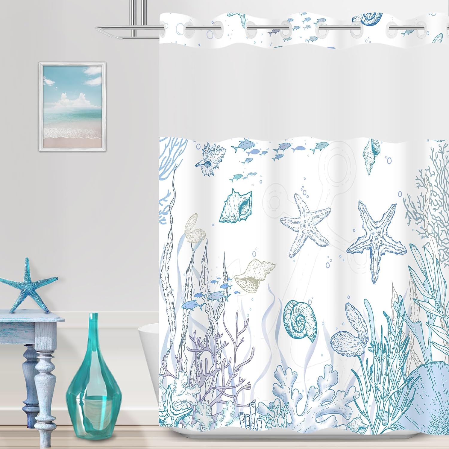 Amazon.com: TWLSNCD Extra Long No Hook Nautical Coastal Shower Curtain with Snap in Liner Set ...