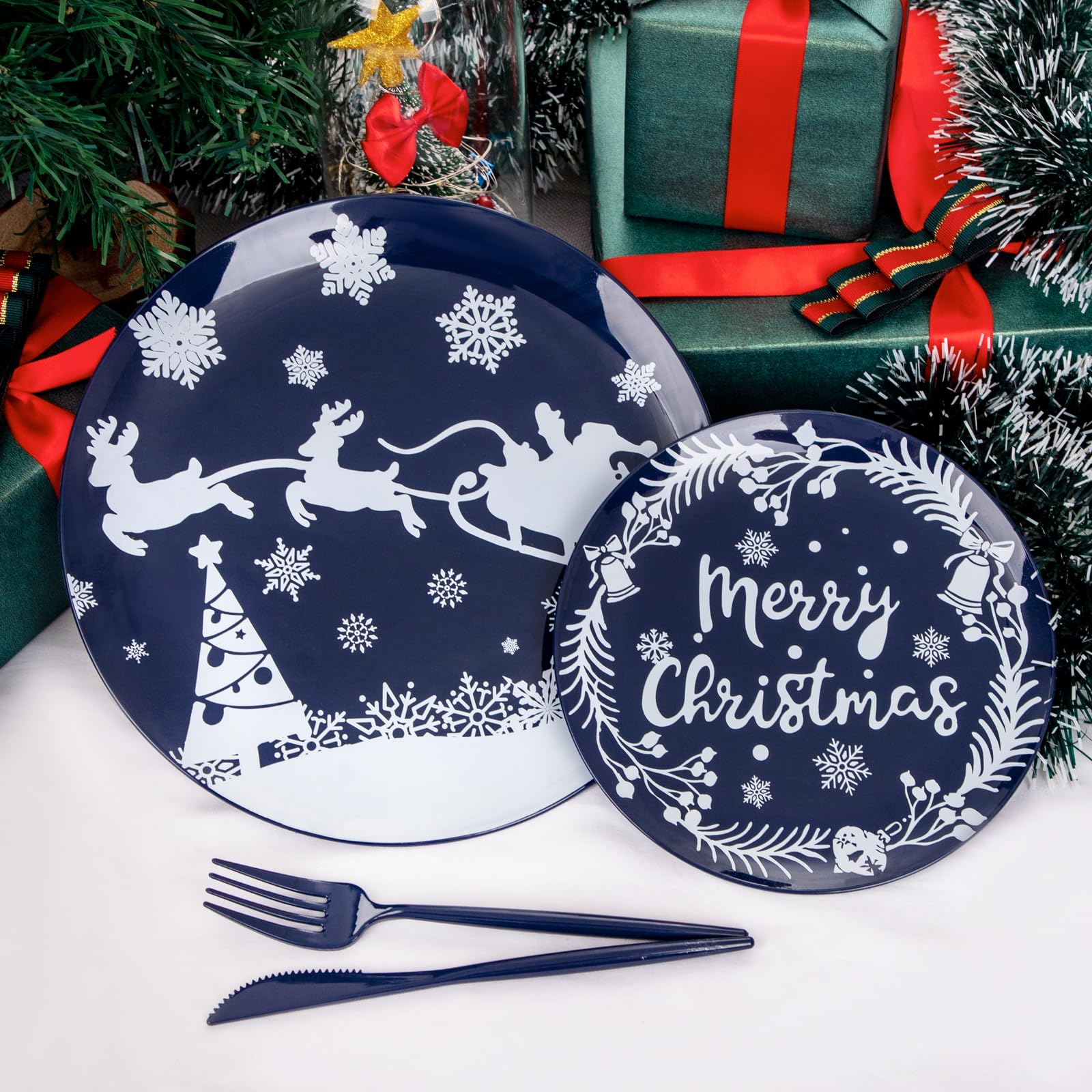 supernal 60pcs Christmas Plastic Plates,Blue Plastic Plates with White ...