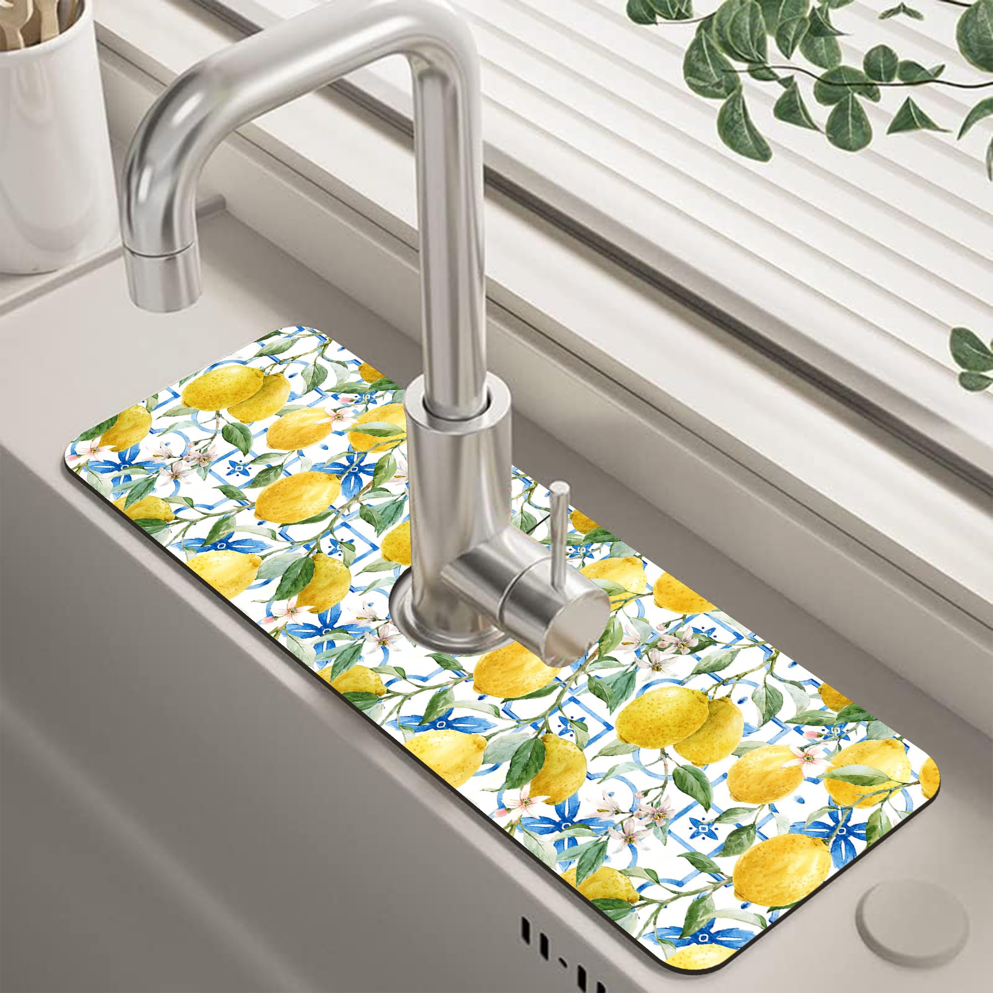 Amazon.com: Yellow Lemons and Blue Tiles Sink Faucet Absorbing Mat ...
