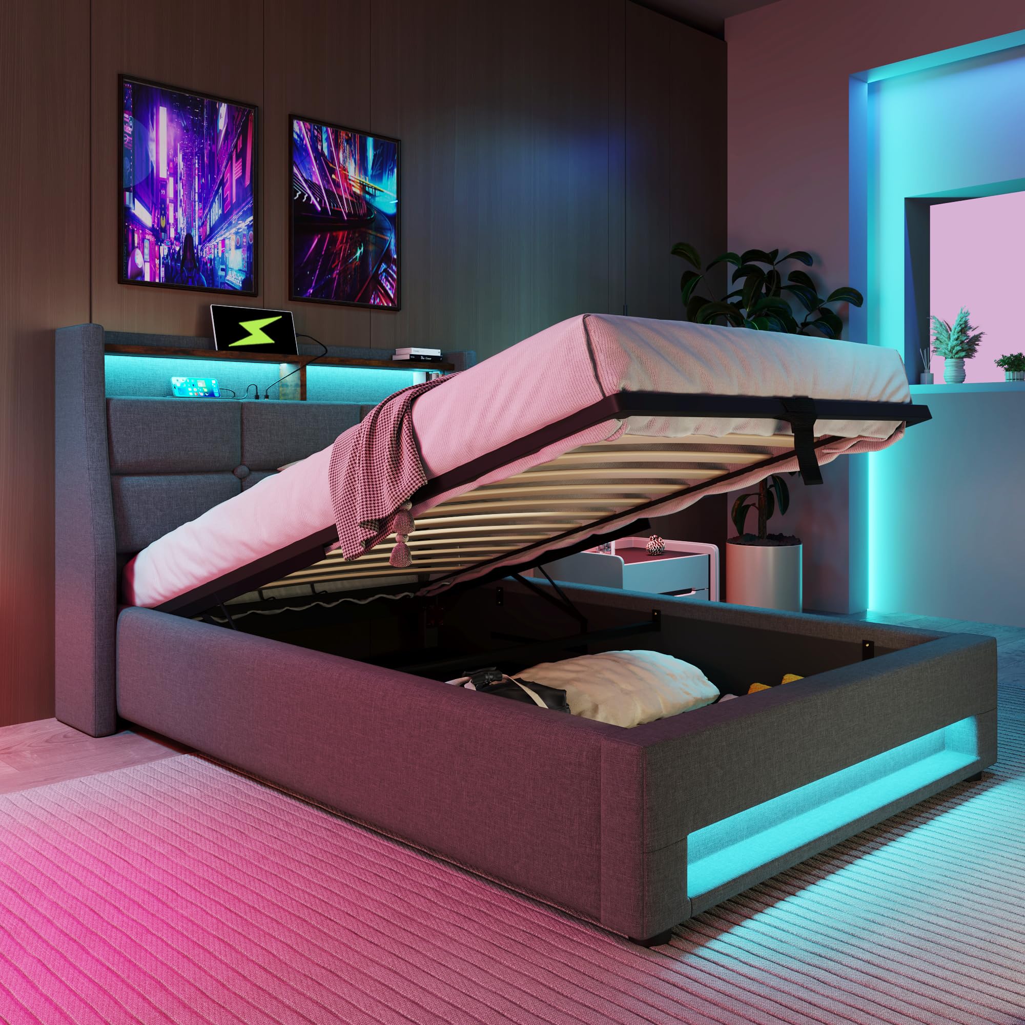 Lit 90x200 avec Sommier LED et USB, Lit Coffre 90x200 avec Rangement et ...