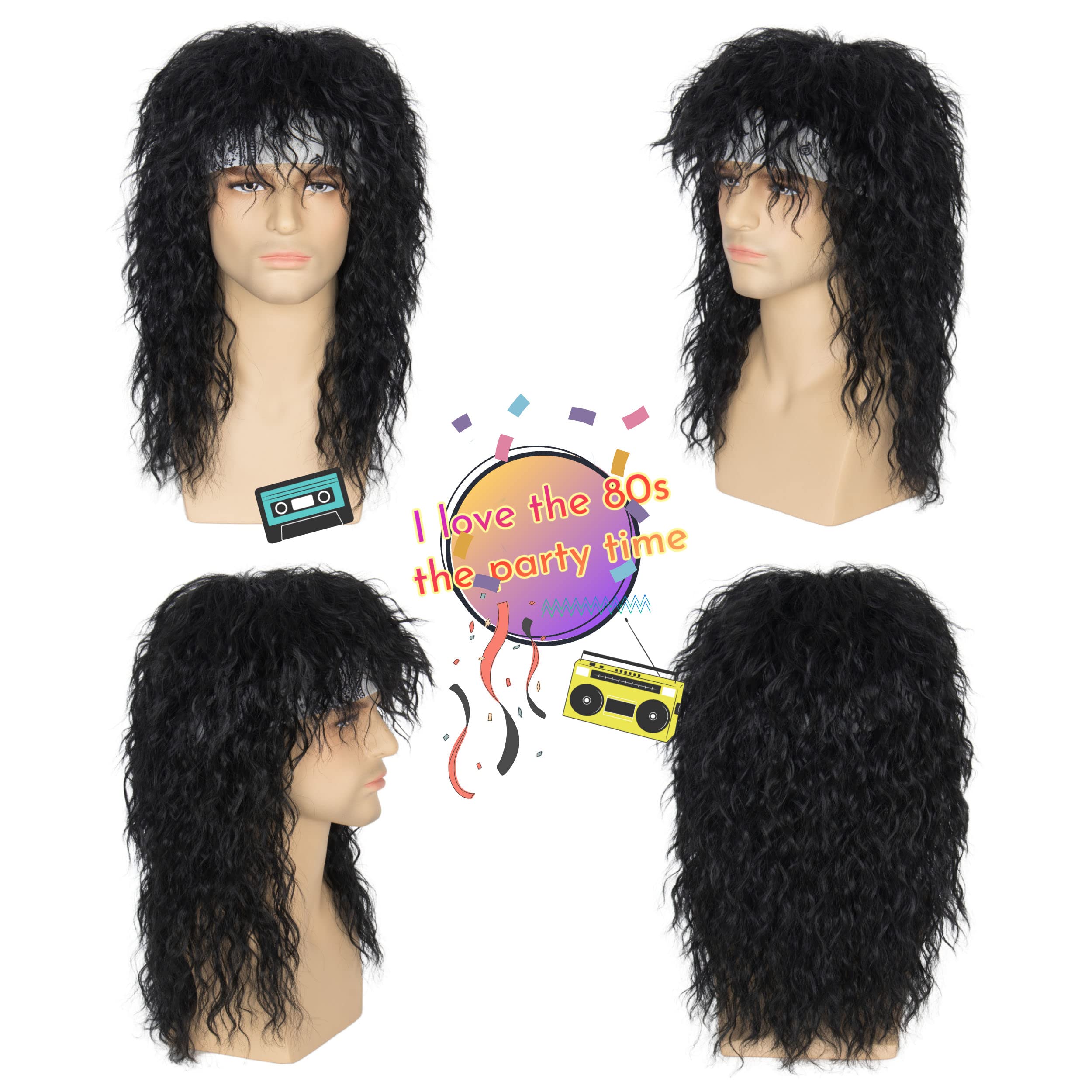 80s Hair Men Black Cool Unique Rock Roll 80s Wig Long Fluffy Afro Wig