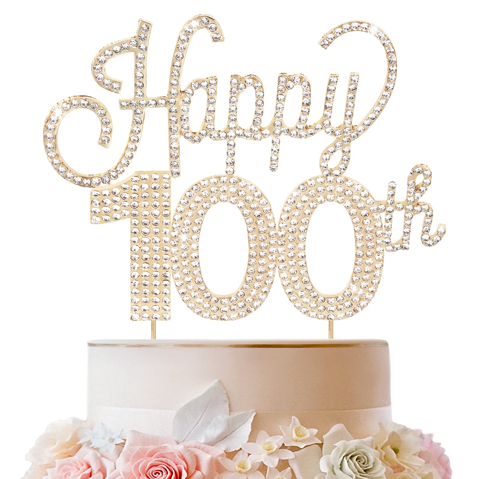 Amazon.com: LINGTEER Happy 100th Birthday Gold Rhinestone Cake Topper ...