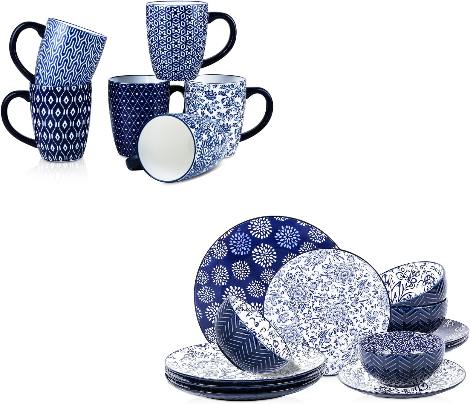 Amazon.com | Selamica 16 oz Porcelain Coffee Mugs Set + Embossed 12 ...