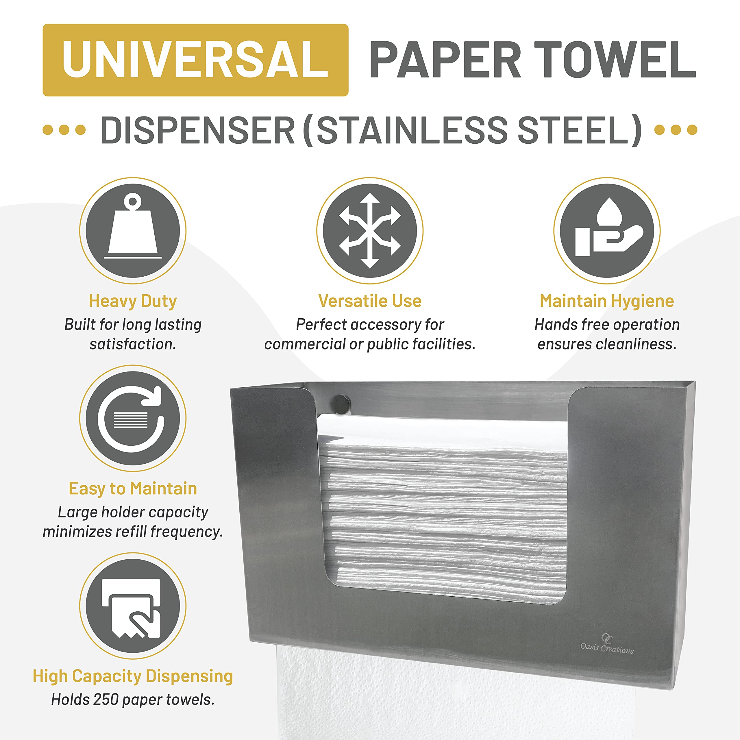 Stainless Steel Paper Towel Dispenser by Oasis Creations, Holds 250 ...