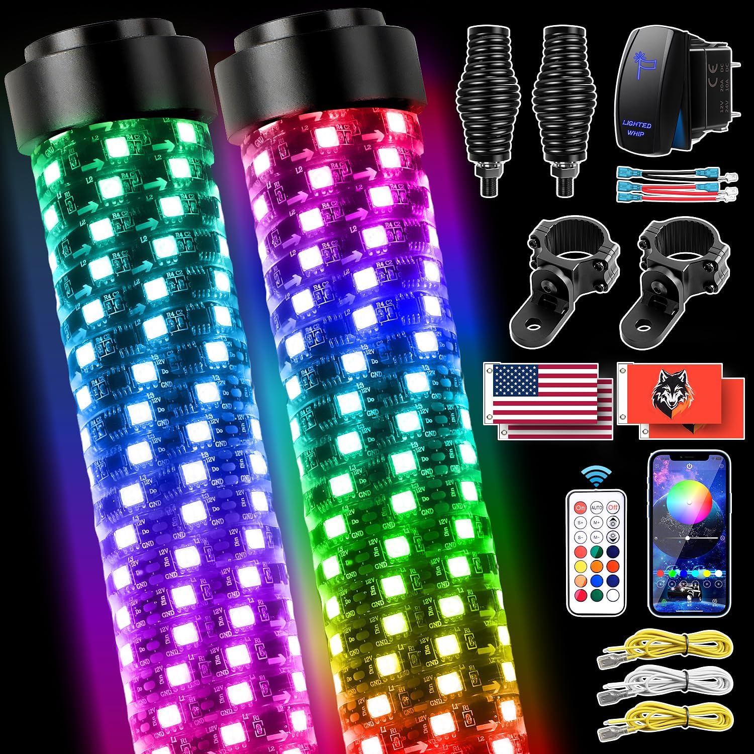 Amazon.com: AUDEXEN Upgraded Fat 2FT RGB LED Whip Lights with [Rocker Switch] [Mounting Bracket ...