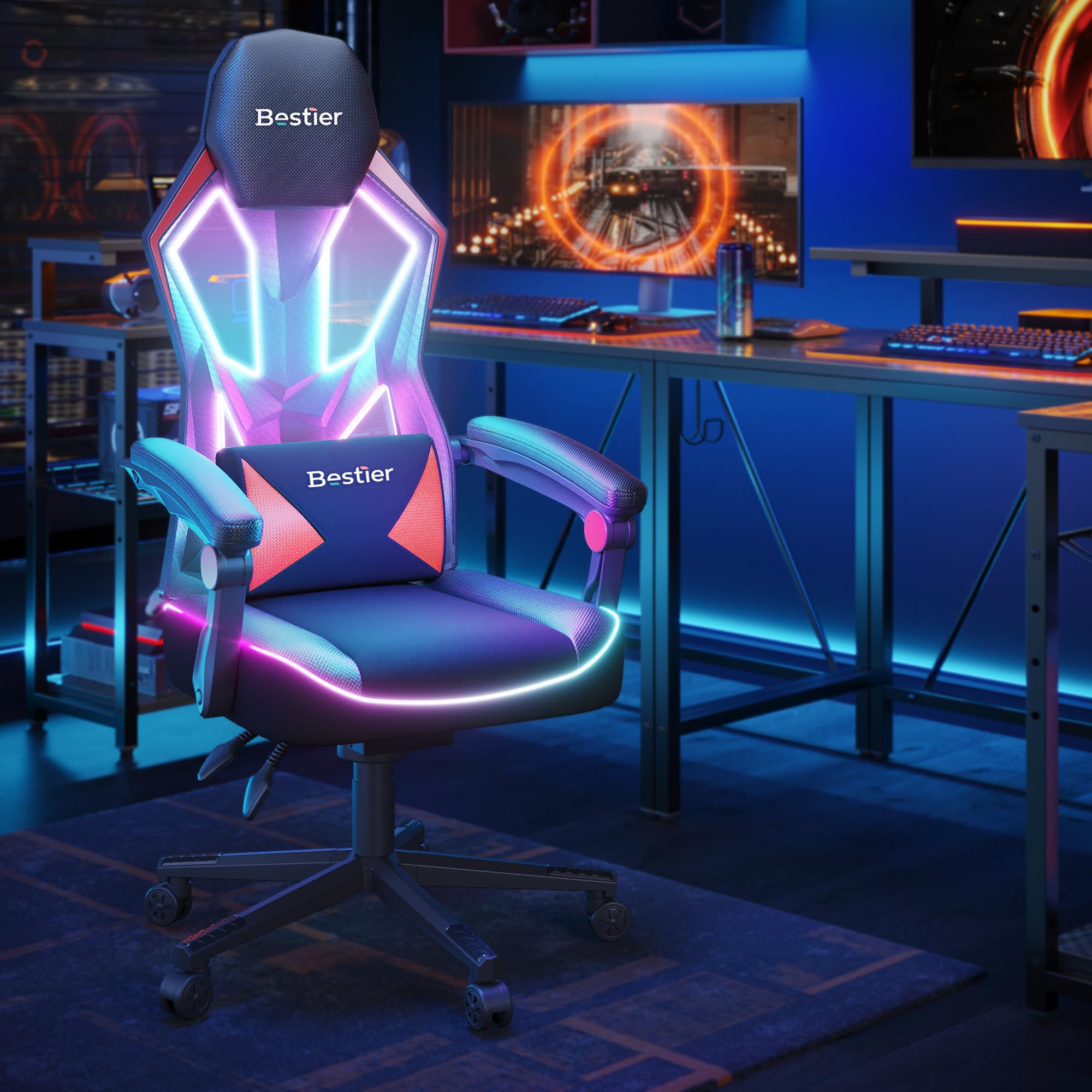 Bestier Gaming Chair with RGB LED Lights, Breathable Fabric Computer ...