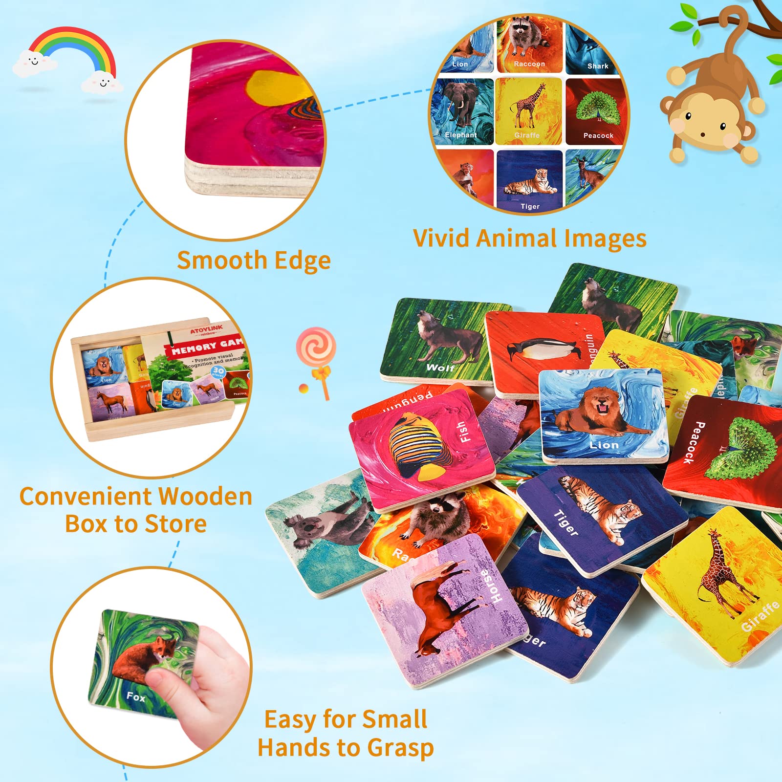 Snapklik.com : Animals Matching Memory Game For Kids 30 Pcs Wooden ...