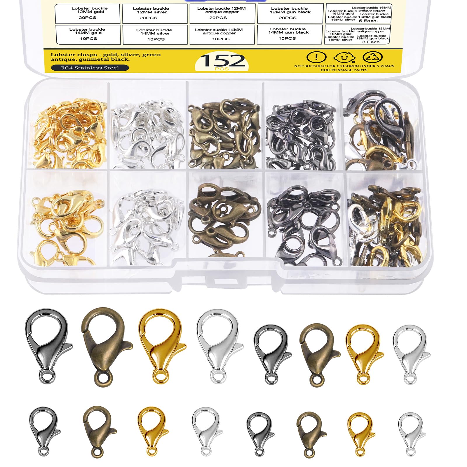 Amazon.com: Mardatt 152Pcs 4 Sizes Lobster Claw Clasps Kit, 12mm 14mm ...