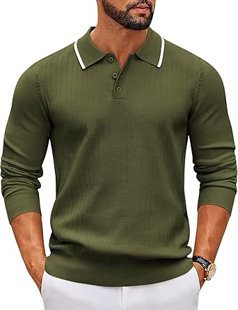 Amazon.com: COOFANDY Men's Knit Polo Shirts Casual Long Sleeve Polo Sweater Lightweight Button ...