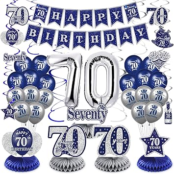 Blue 70th Birthday Decorations, 47Pcs Navy Blue Silver Happy Birthday ...