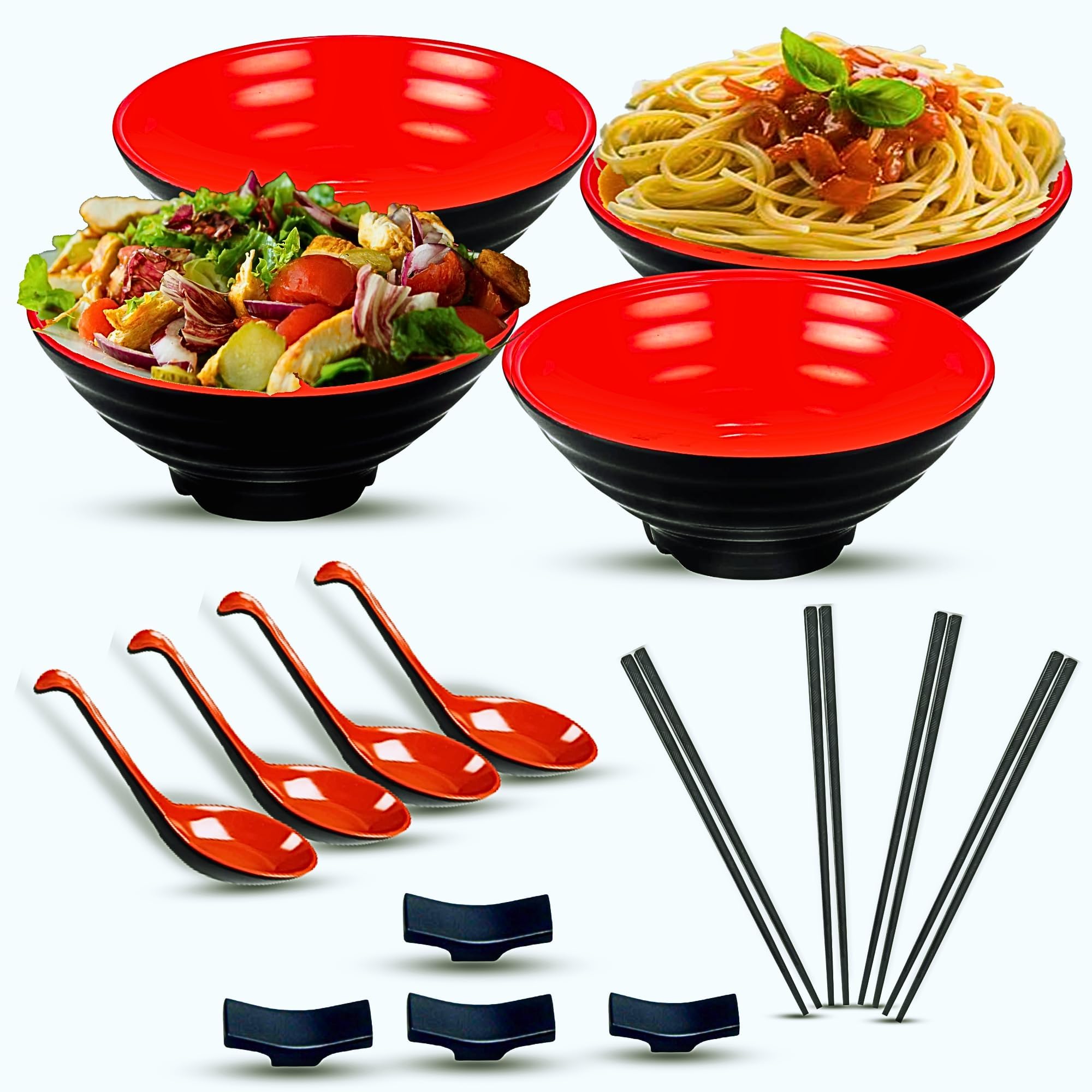Amazon.com: Set Of 4 Large Melamine Ramen Bowl Set- 32 Oz Japanese Bowl ...