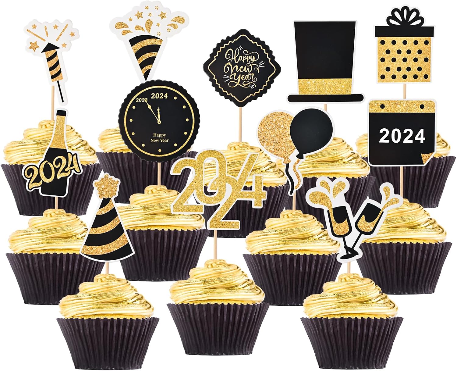 Amazon.com: HOKPA Happy New Year Cupcake Toppers, 36 Pcs 2024 New Year ...
