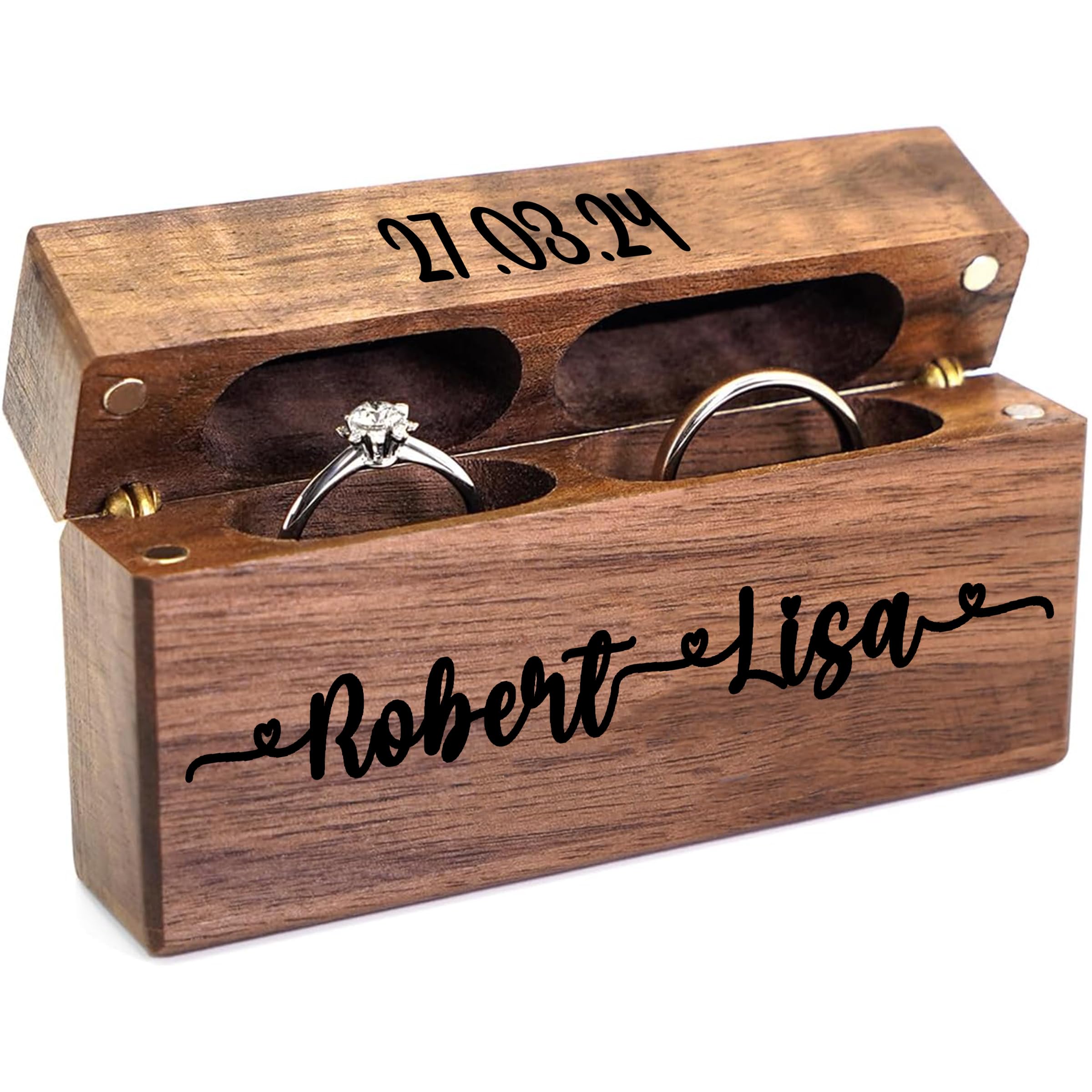 Amazon.com: Auchic Double Ring Box - Engraved Slim Wooden Ring Case Box ...