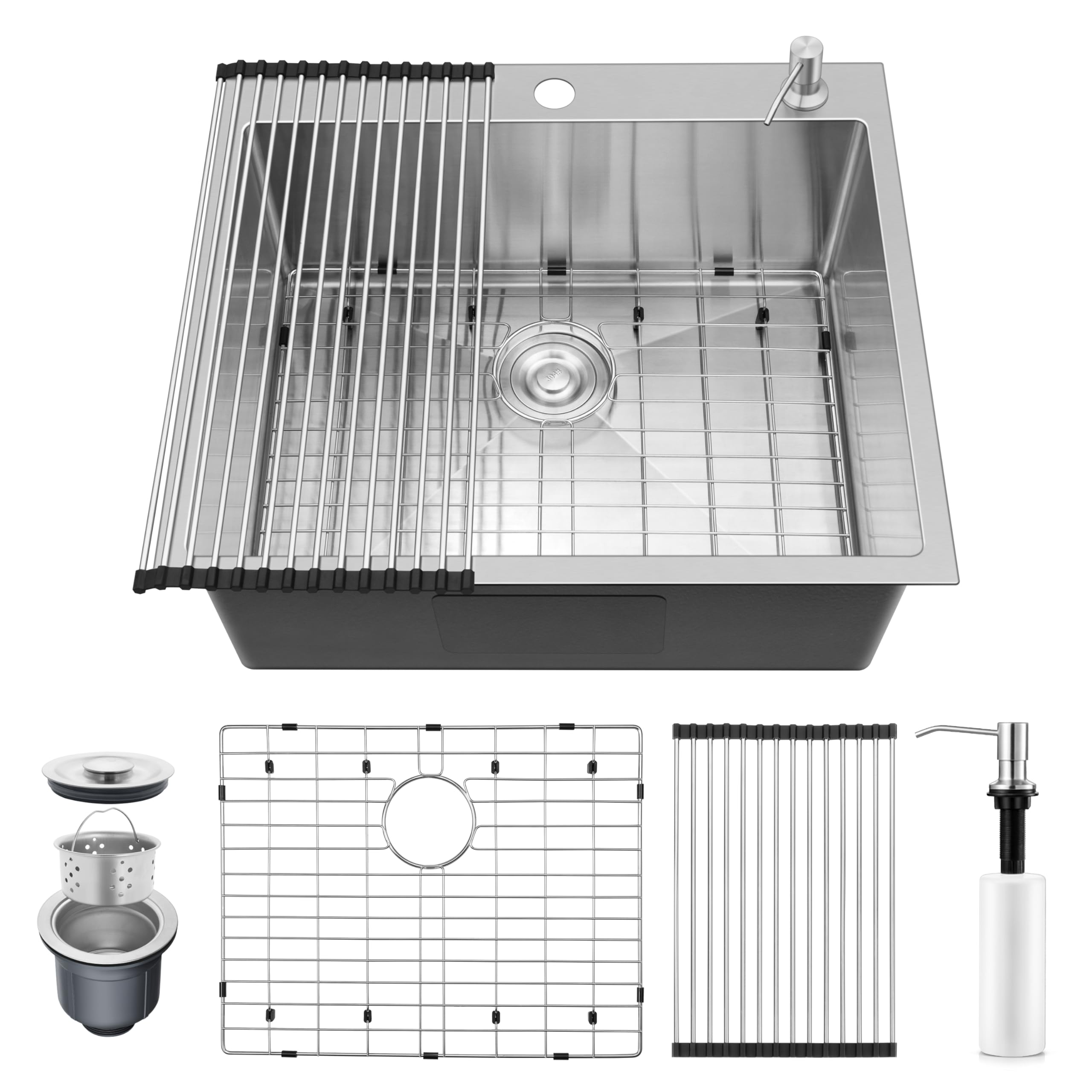 Onader 25x22 Inch Drop In Kitchen Sink 16 Gauge Stainless Steel Brushed ...