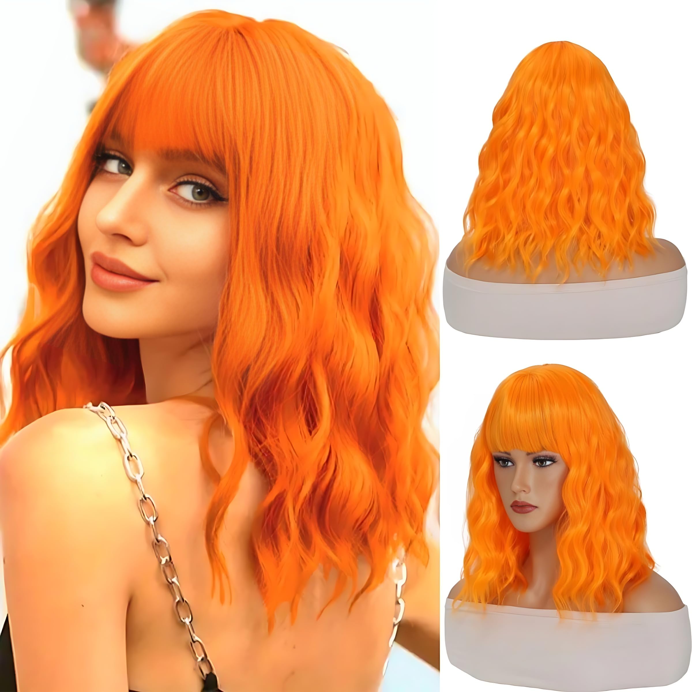 Amazon.com : MeaYOO Orange Wig Short Bob Wavy Wig with Bangs for Women ...