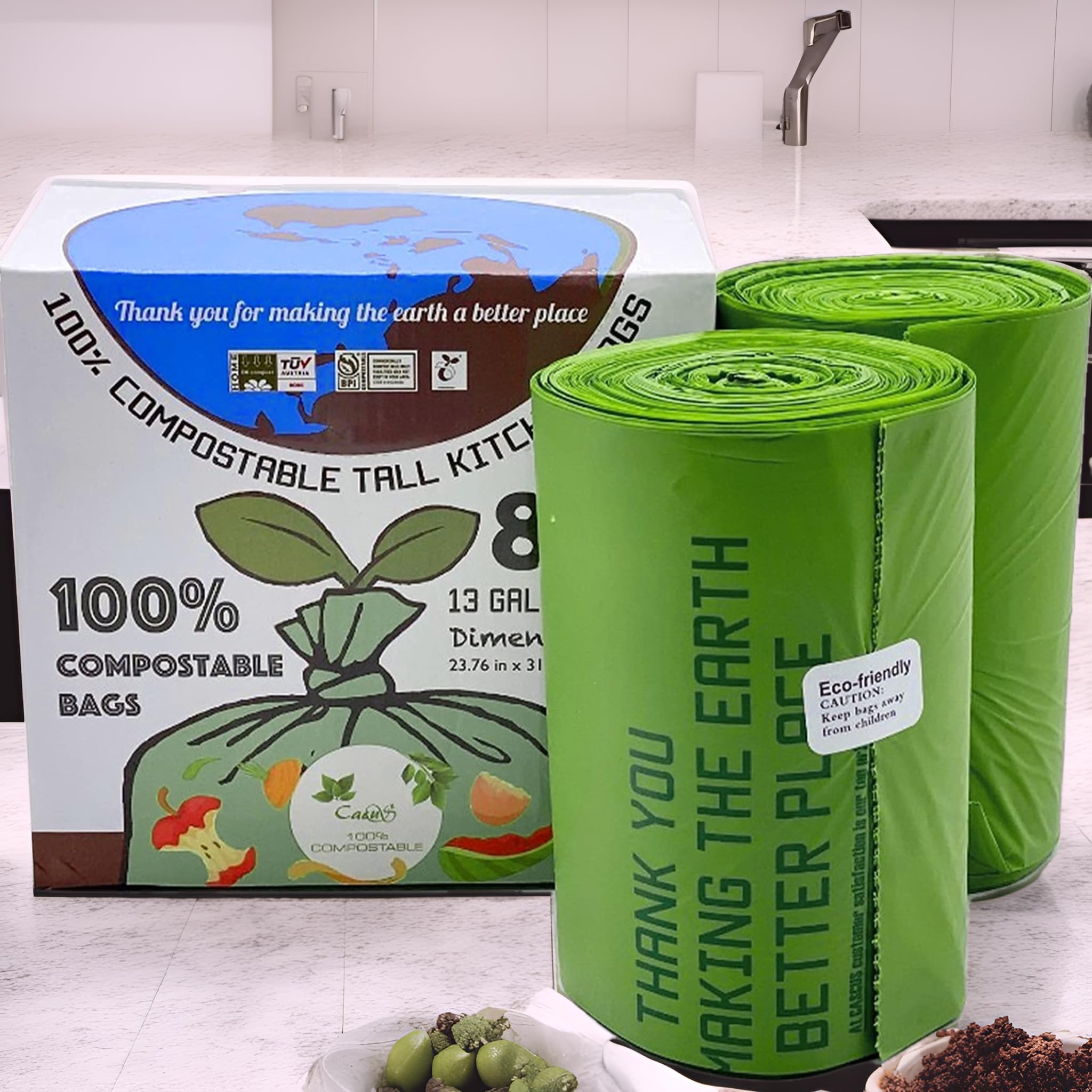 Cacus Compostable Trash Bags 13 Gallon/49.2L (80 Count) | Durable, Leak ...