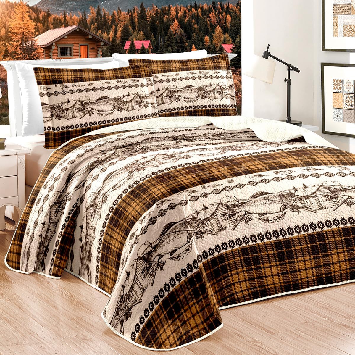 Amazon.com: notepure Fishing Themed Rustic Cabin Lodge Quilt Sets Queen ...