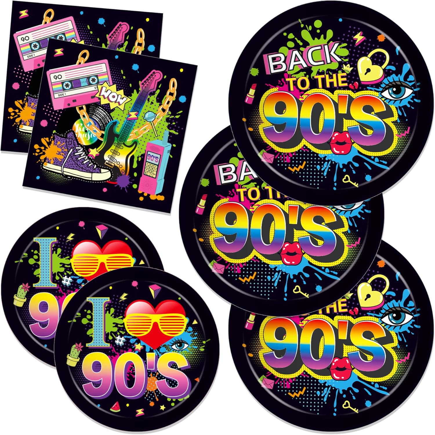 Amazon.com: CC HOME 90s Birthday Paper Plates Napkins Back to The 1990s ...