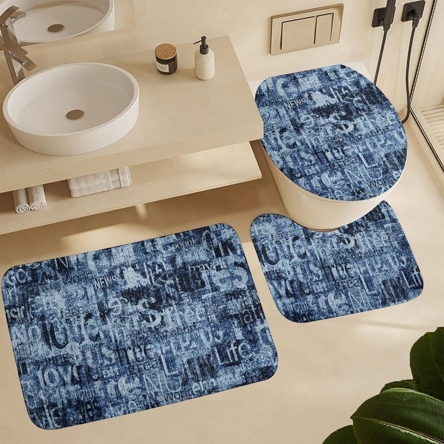 Amazon.com: LynaRei Retro Blue Denim Bathroom Rugs Sets 3 Piece Non ...