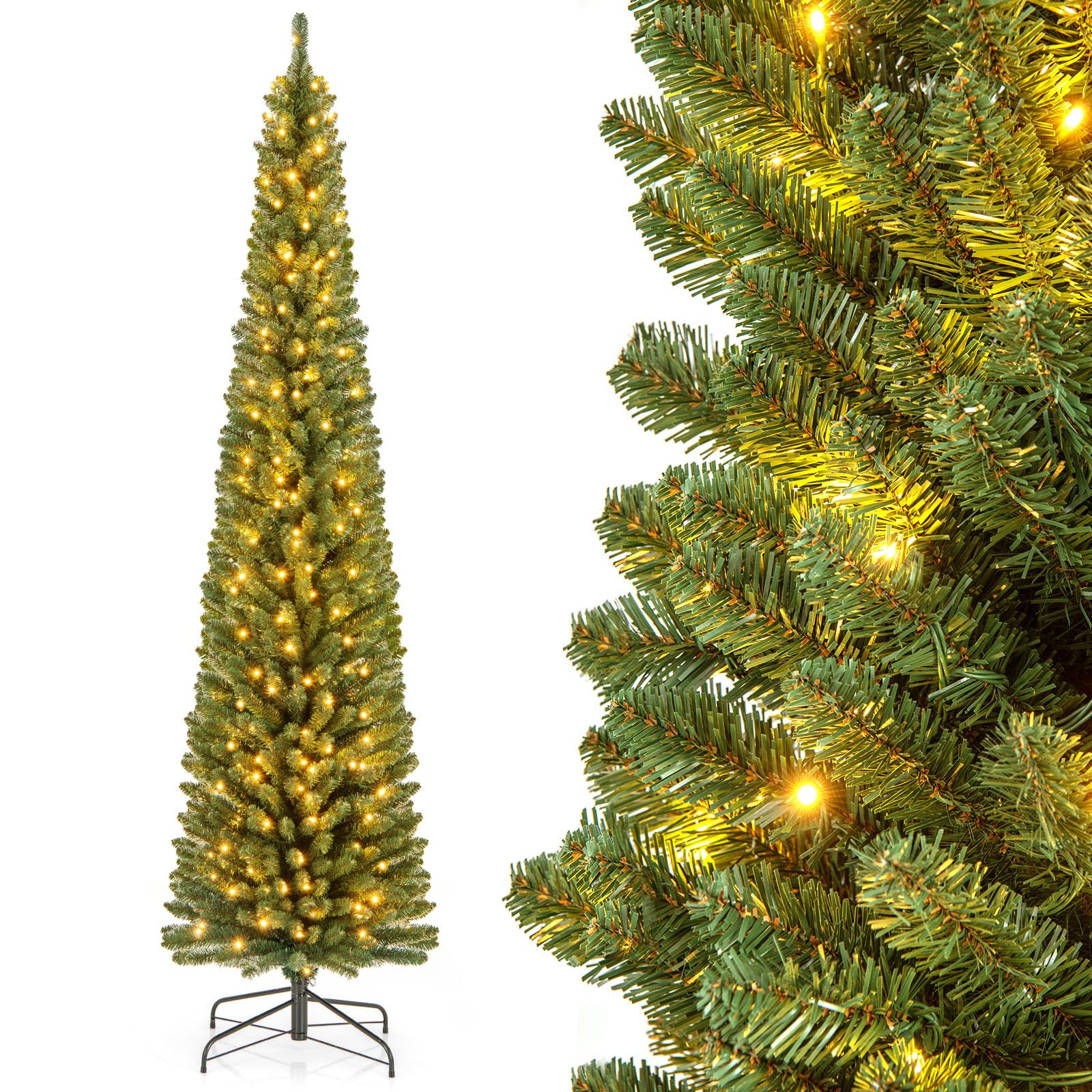 Amazon.com: Goplus 8ft Pre-Lit Slim Pencil Christmas Tree, Artificial ...