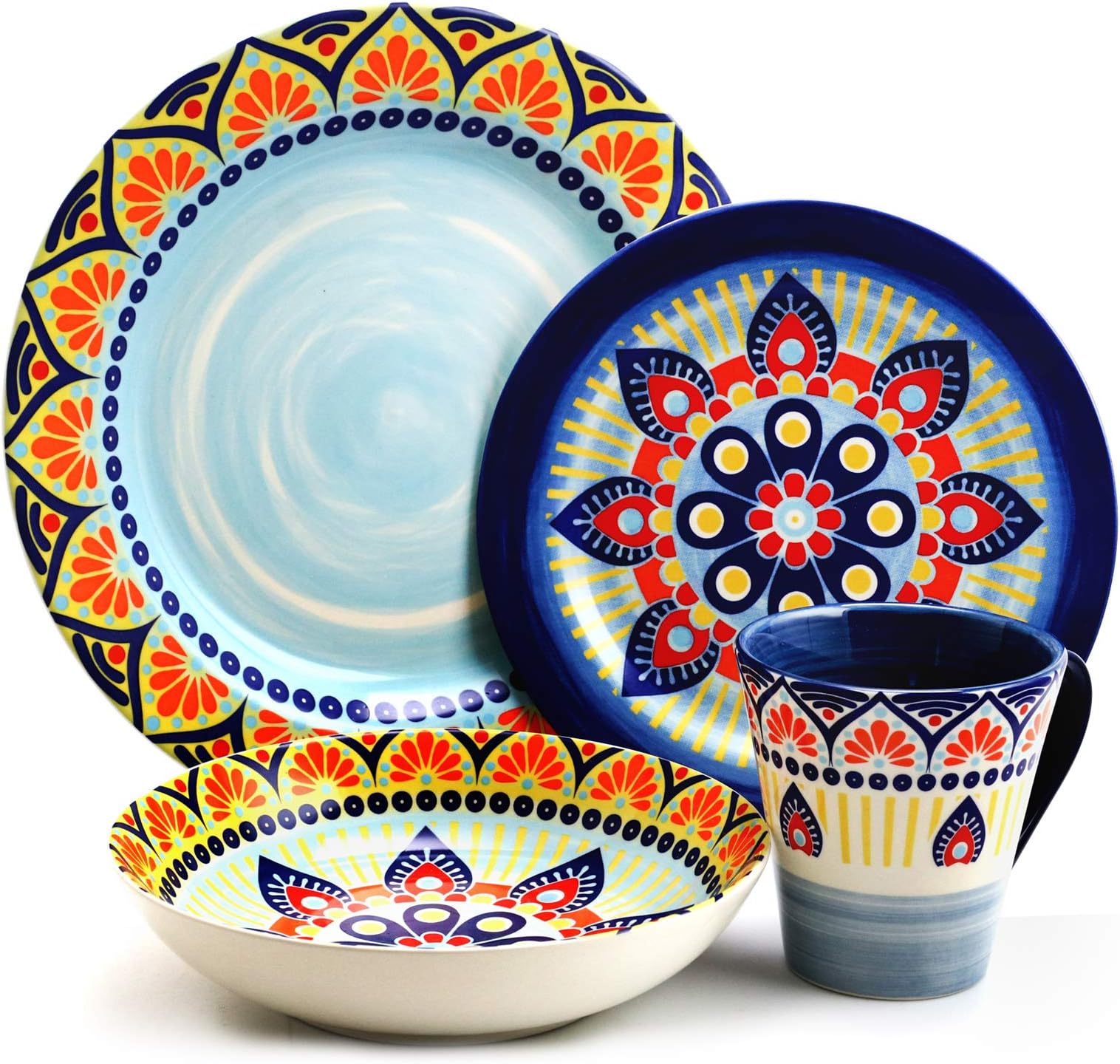 Amazon.com | Elama Mandala Round Stoneware Multicolor Dinnerware Set ...
