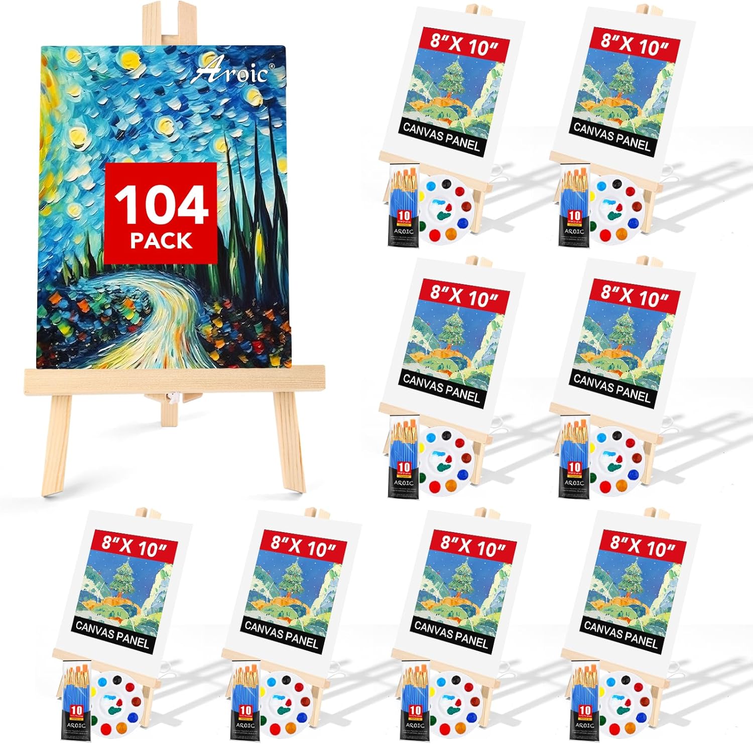 Amazon.com : AROIC 104 Pack Easel & Canvas Set with 8 Wood Easels, 80 ...