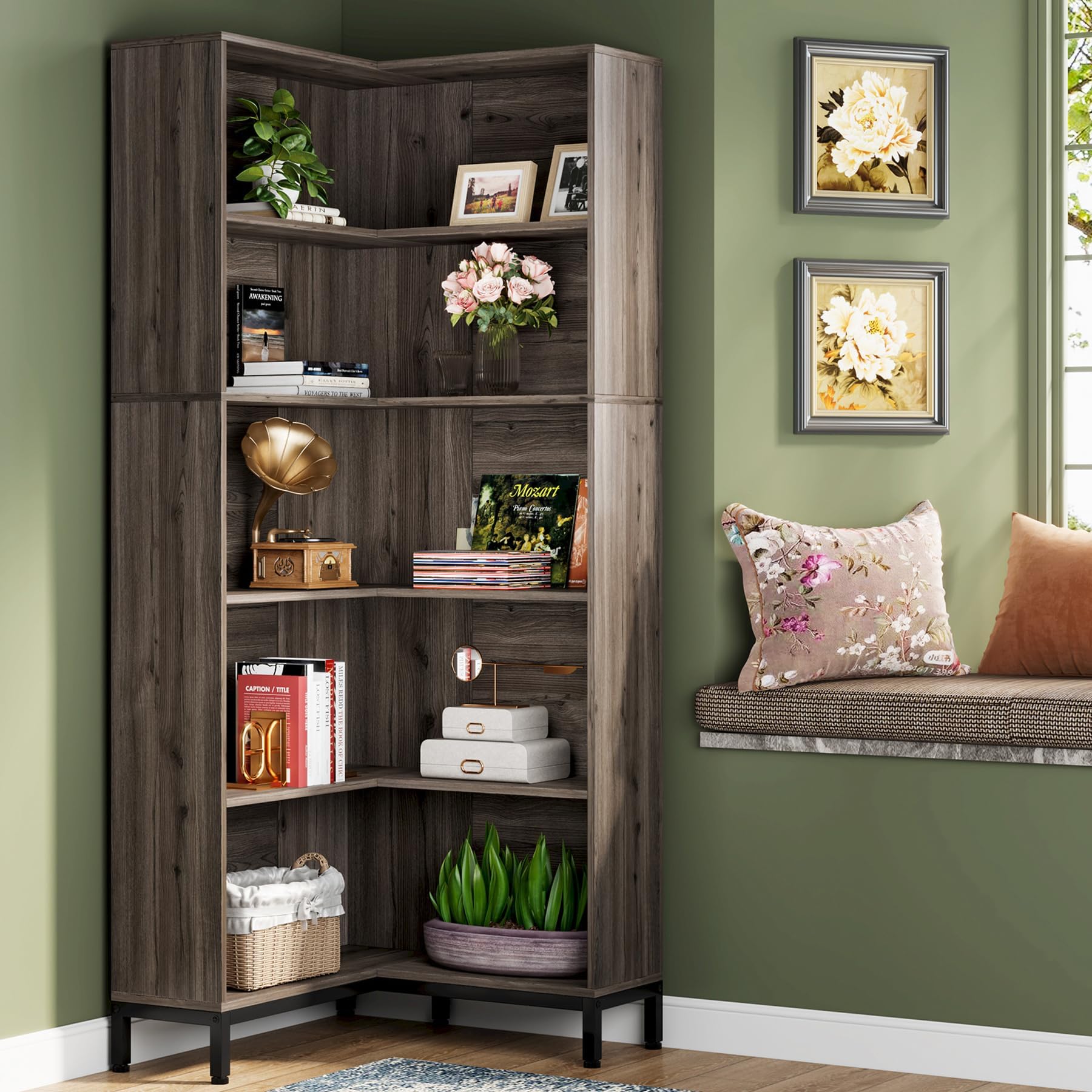 Amazon.com: DDJ 6-Tier Solid Wood Corner Bookshelf, 75.2" Tall Corner ...